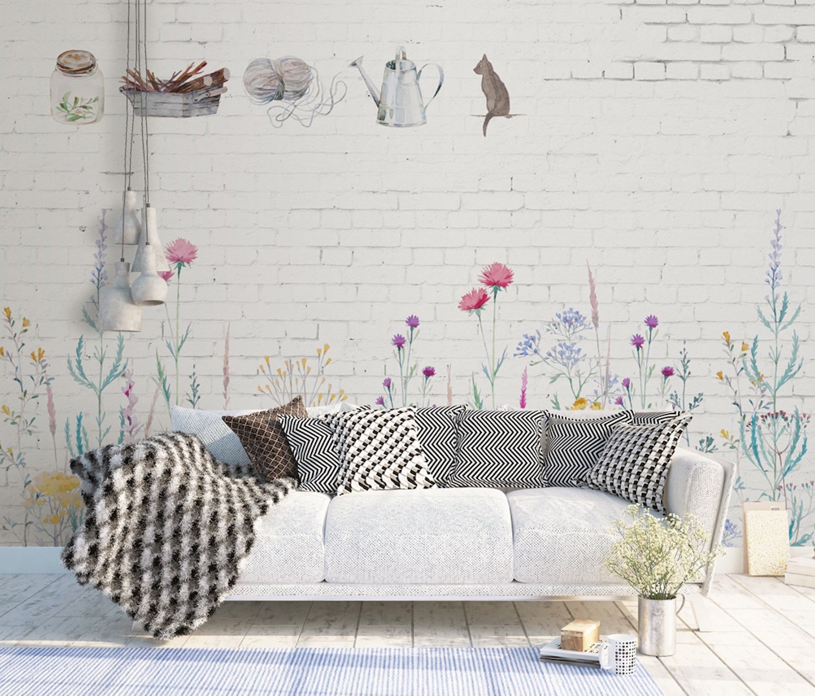 GK Wall Design Floral Plants Brick 6.25' L x 112" W Paintable Wall ...