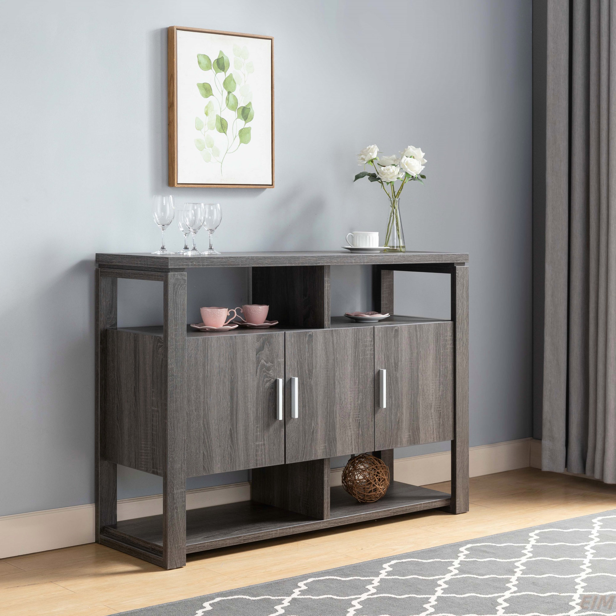 Ebern Designs Buffet Kitchen Cabinet, Display Cabinet With Multi-Shelving, Distressed Grey | Wayfair