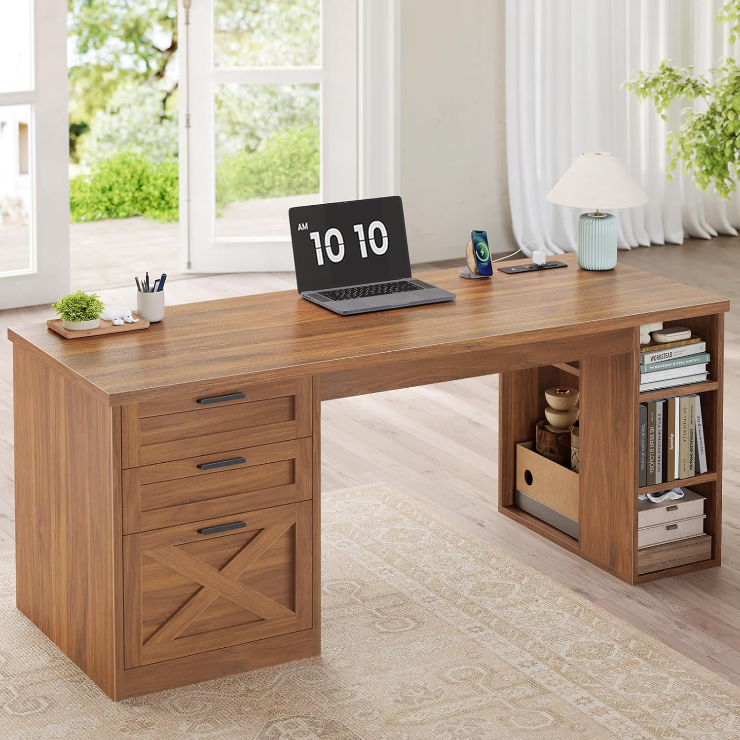 Gracie Oaks 55.1" Farmhouse Office Desk With 3 Drawers, Computer Desk ...