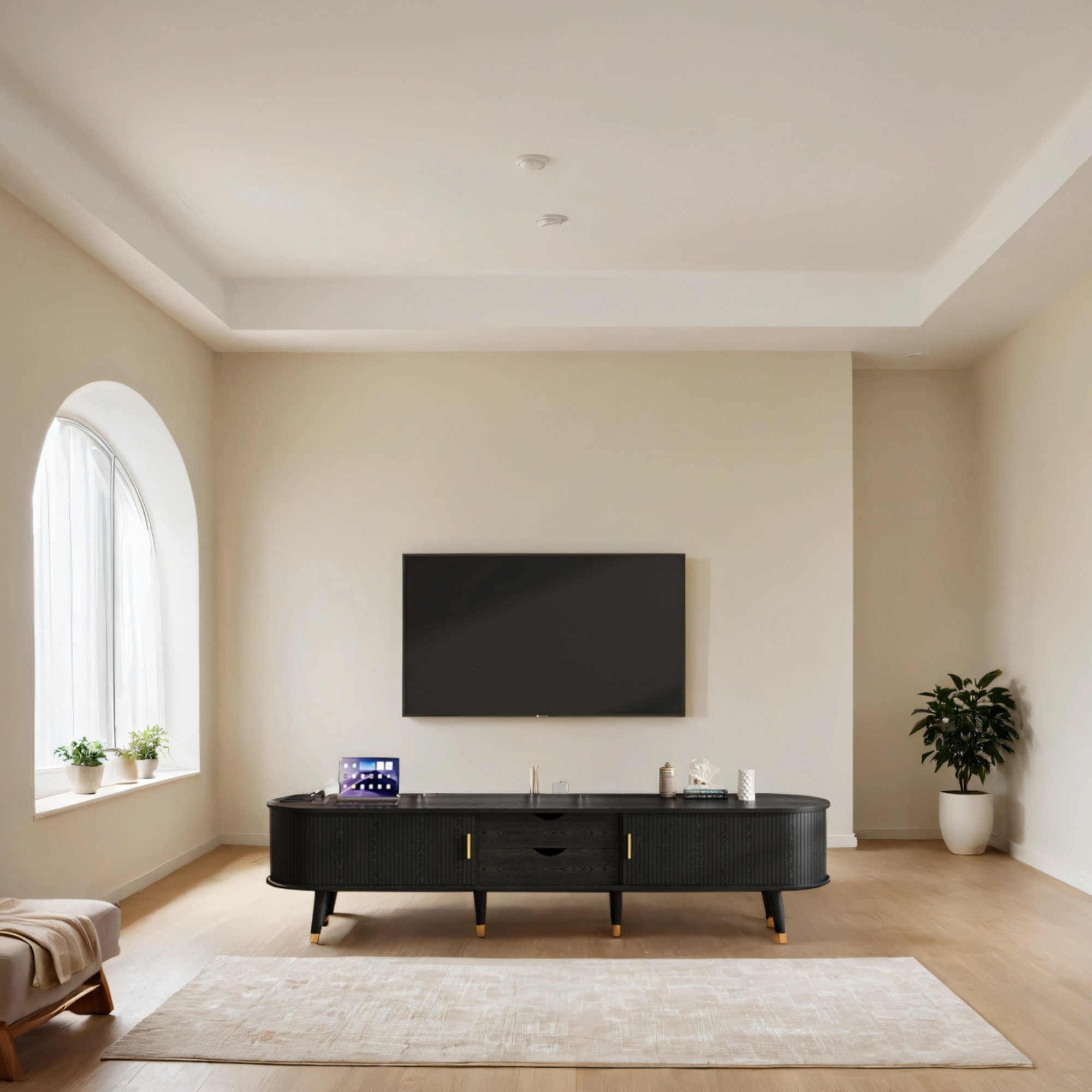 Mercer41 Wooden Oval Alcove Tv Stand With Charging Stand For Tvs Up To ...