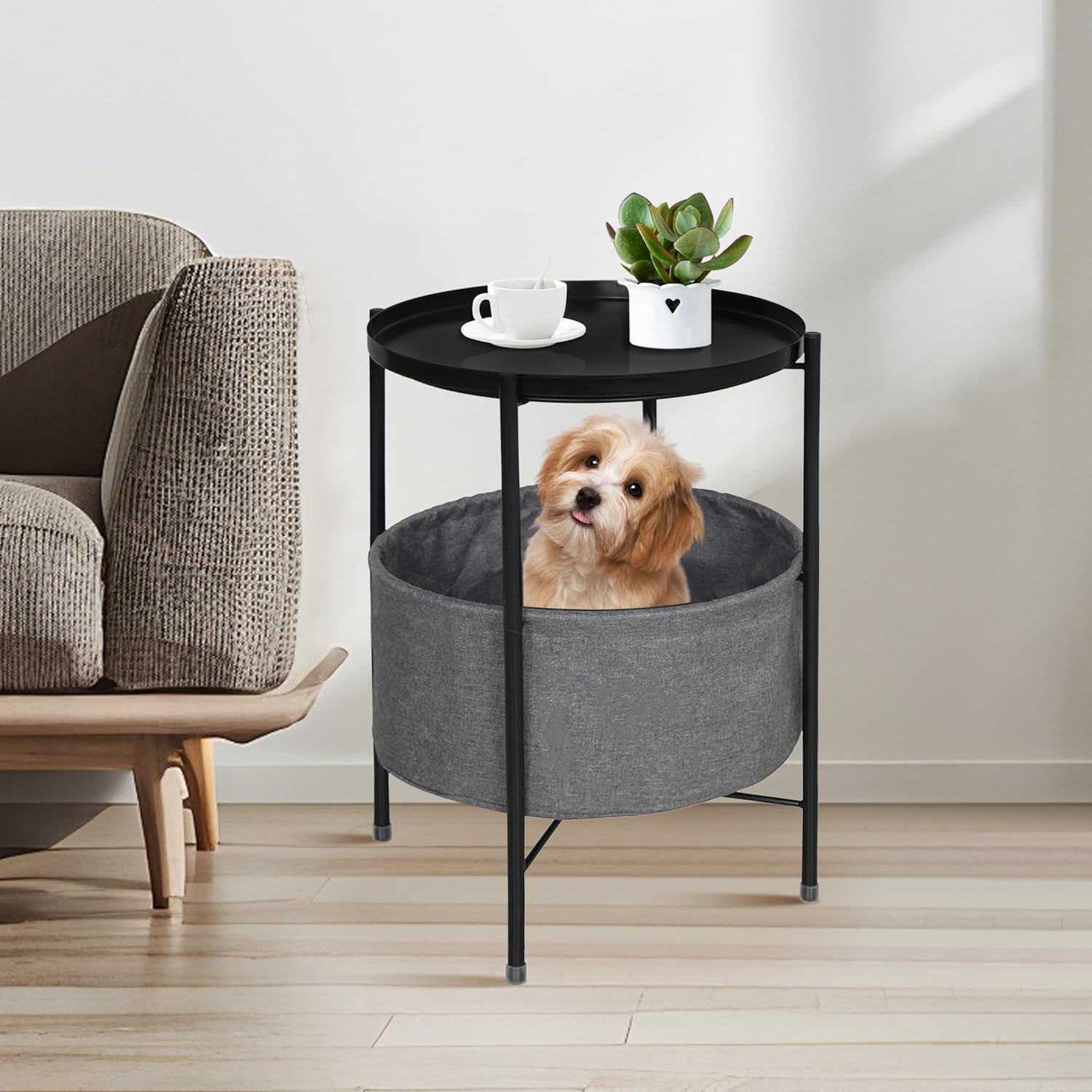 Ebern Designs Small Round Side Table With Storage, Black Metal Frame ...