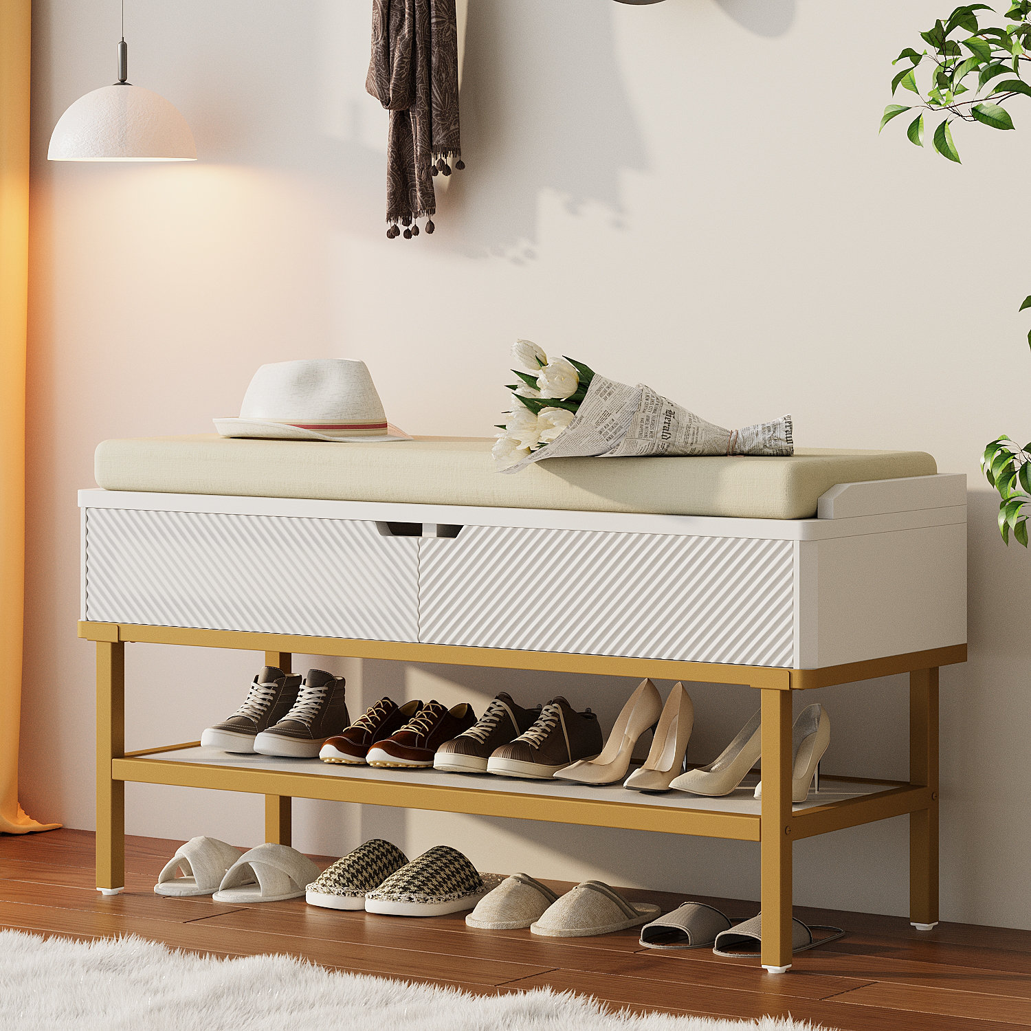 17 Stories Brulee 39''×13'' Wooden Shoes Storage Bench With Cushion ...