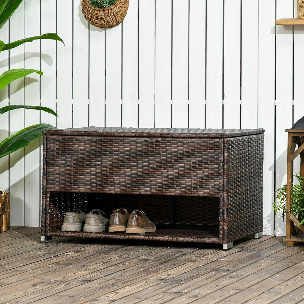 MAXAYA Outdoor Deck Box And Shoe Storage, PE Rattan Wicker Towel Rack ...