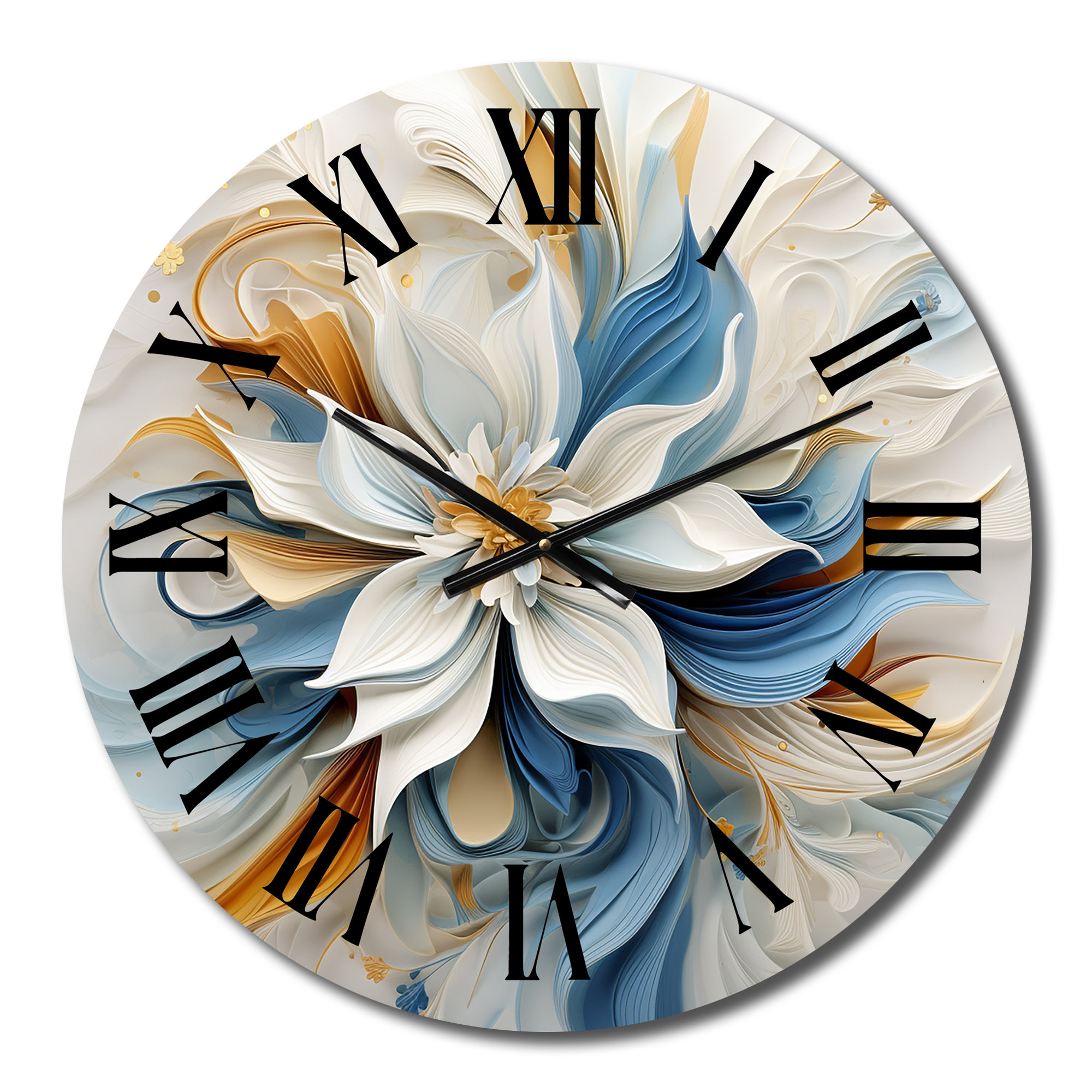 Design Art Abstract Blooming Magnolia White Amber Blue Metal Wall Clock ...