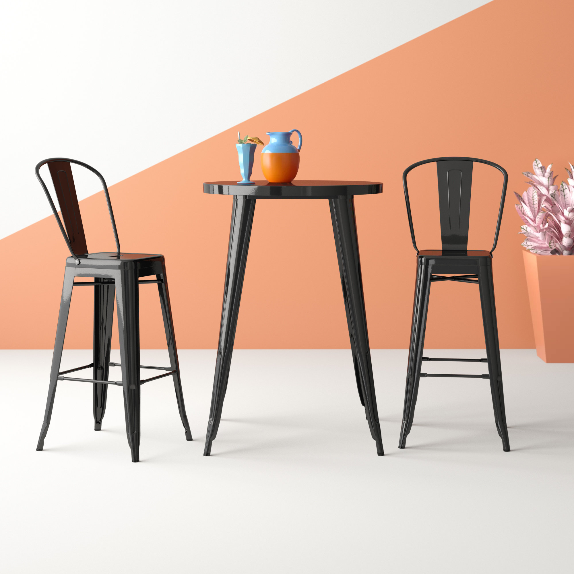 17 Stories Genece 30'' Round Metal Indoor-Outdoor Bar Table Set with 2 ...