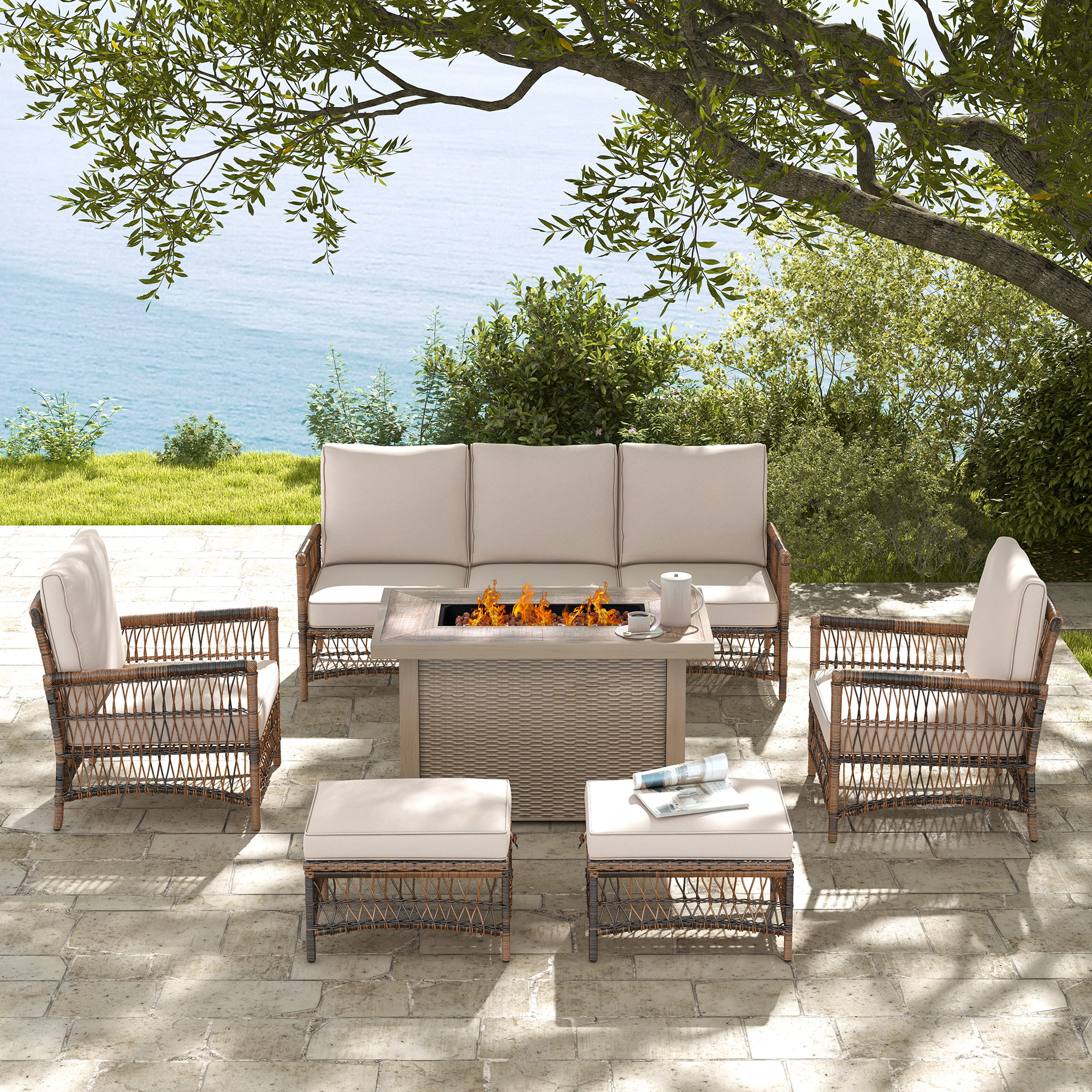 Bay Isle Home™ Ensemble de patio d'extérieur en osier 7 personnes avec ...