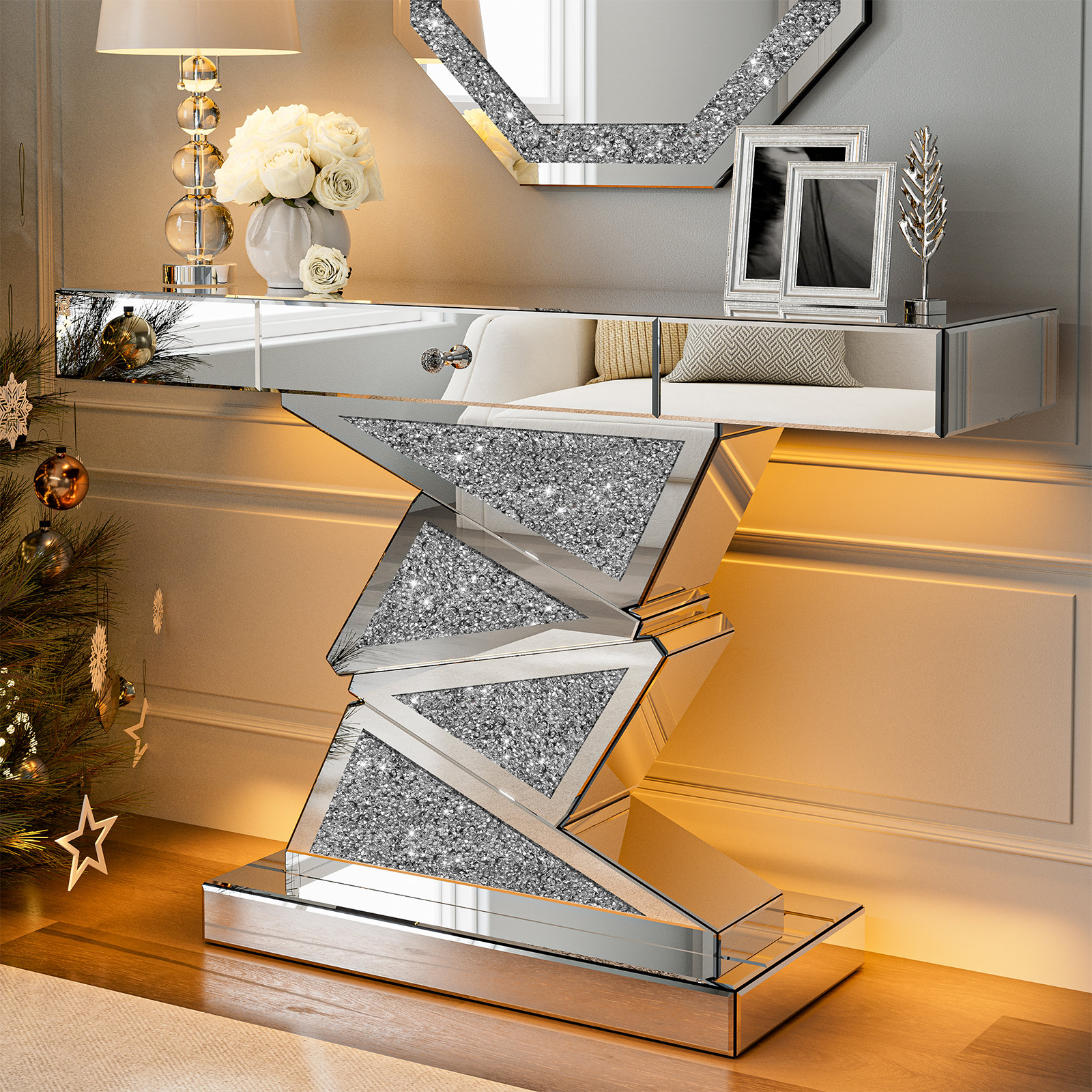 Everly Quinn Silver Mirrored Console Table With Led Light, 47.2'' Long ...