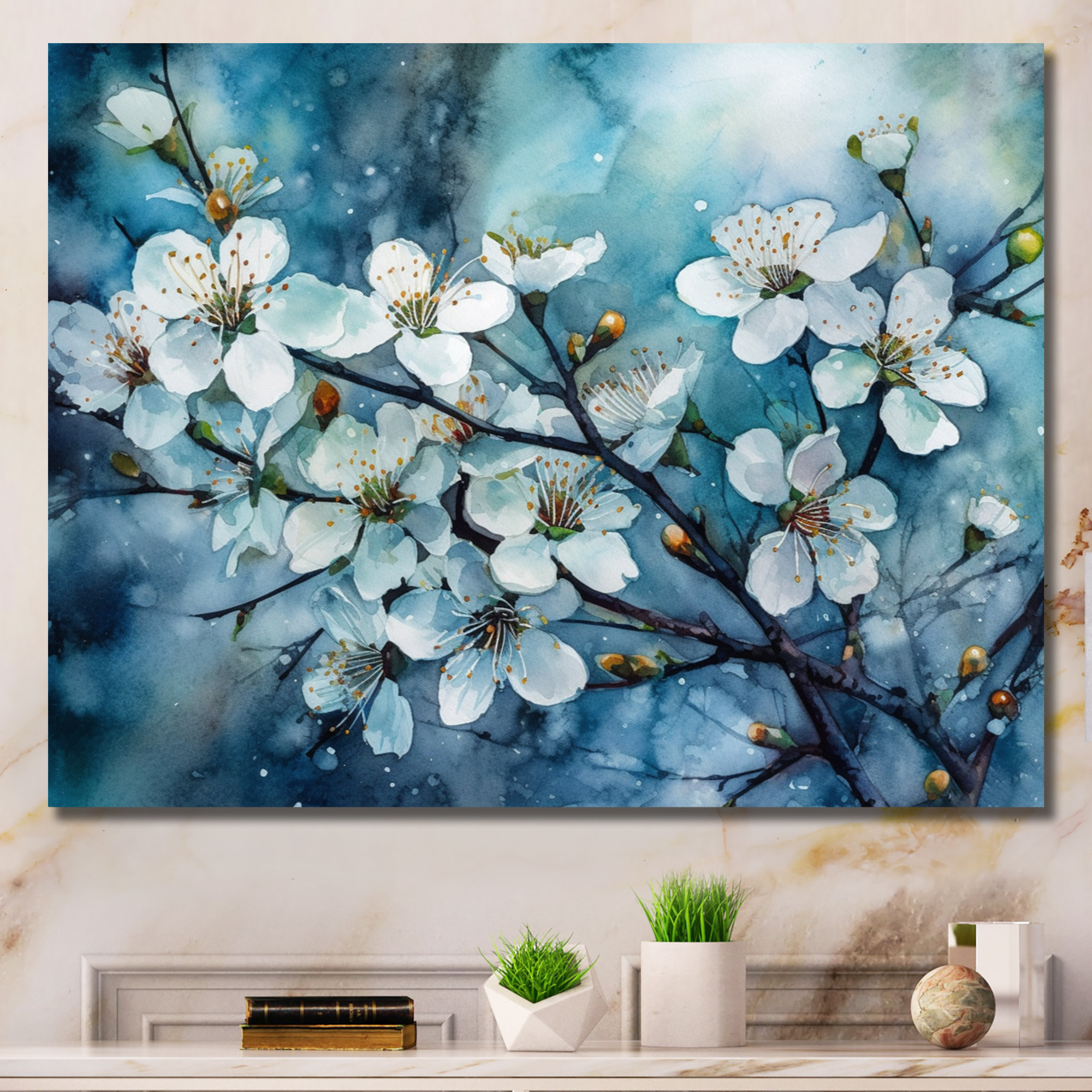 Red Barrel Studio White Blue Apple Tree Melody - Floral Apple Tree Wall ...