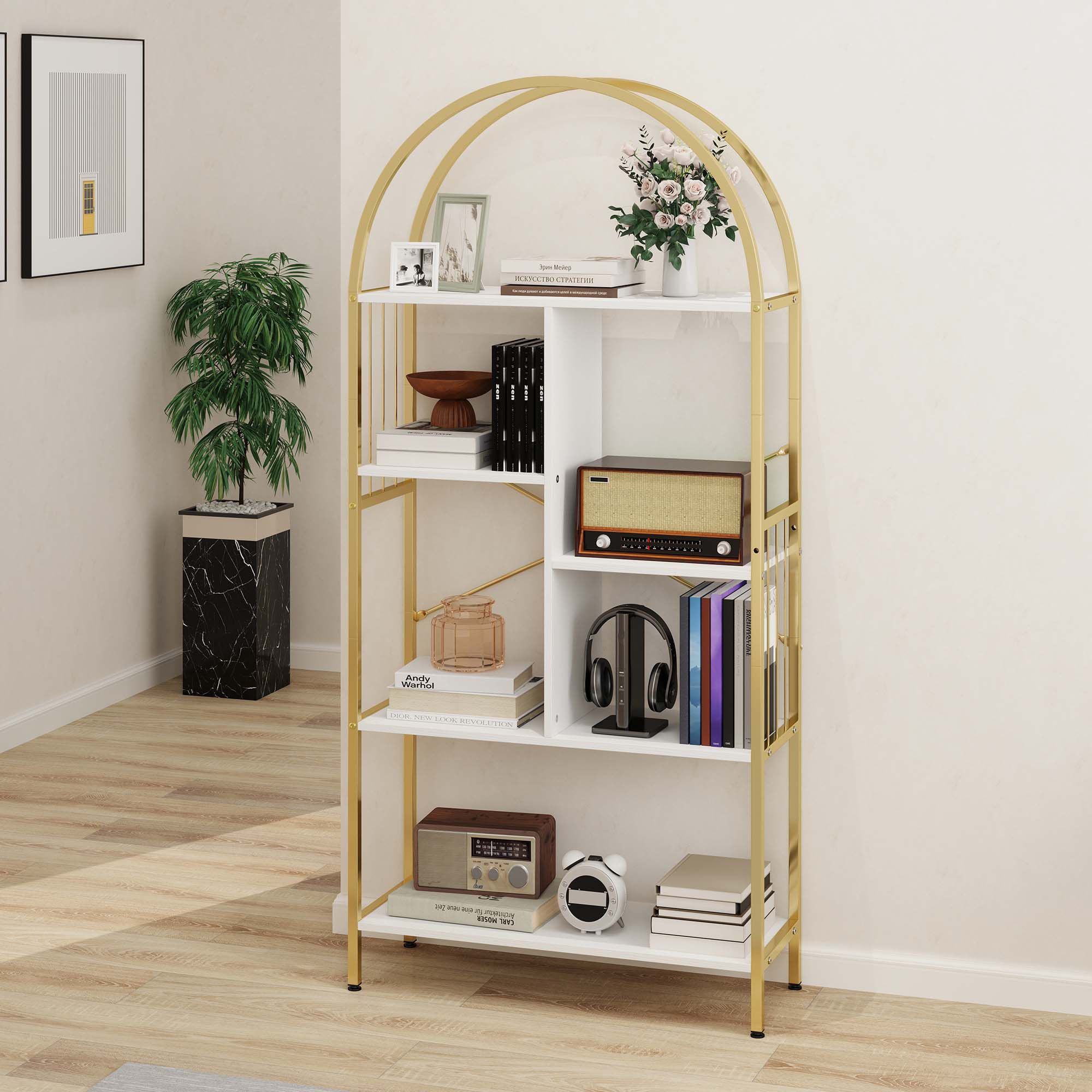 Willa Arlo™ Interiors Mackinnon Gold/White Arched Etagere Bookcase ...