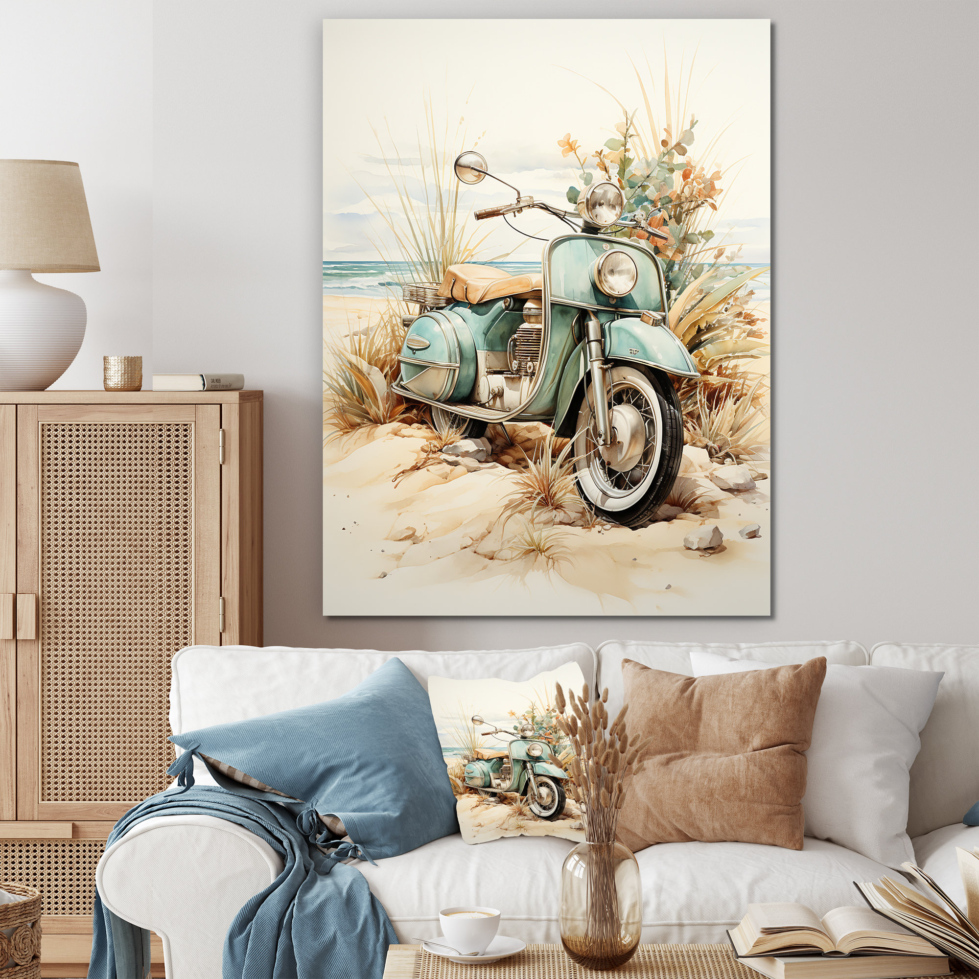 Highland Dunes Blue Moped On The Beach - Beach Wall Decor - Wayfair Canada
