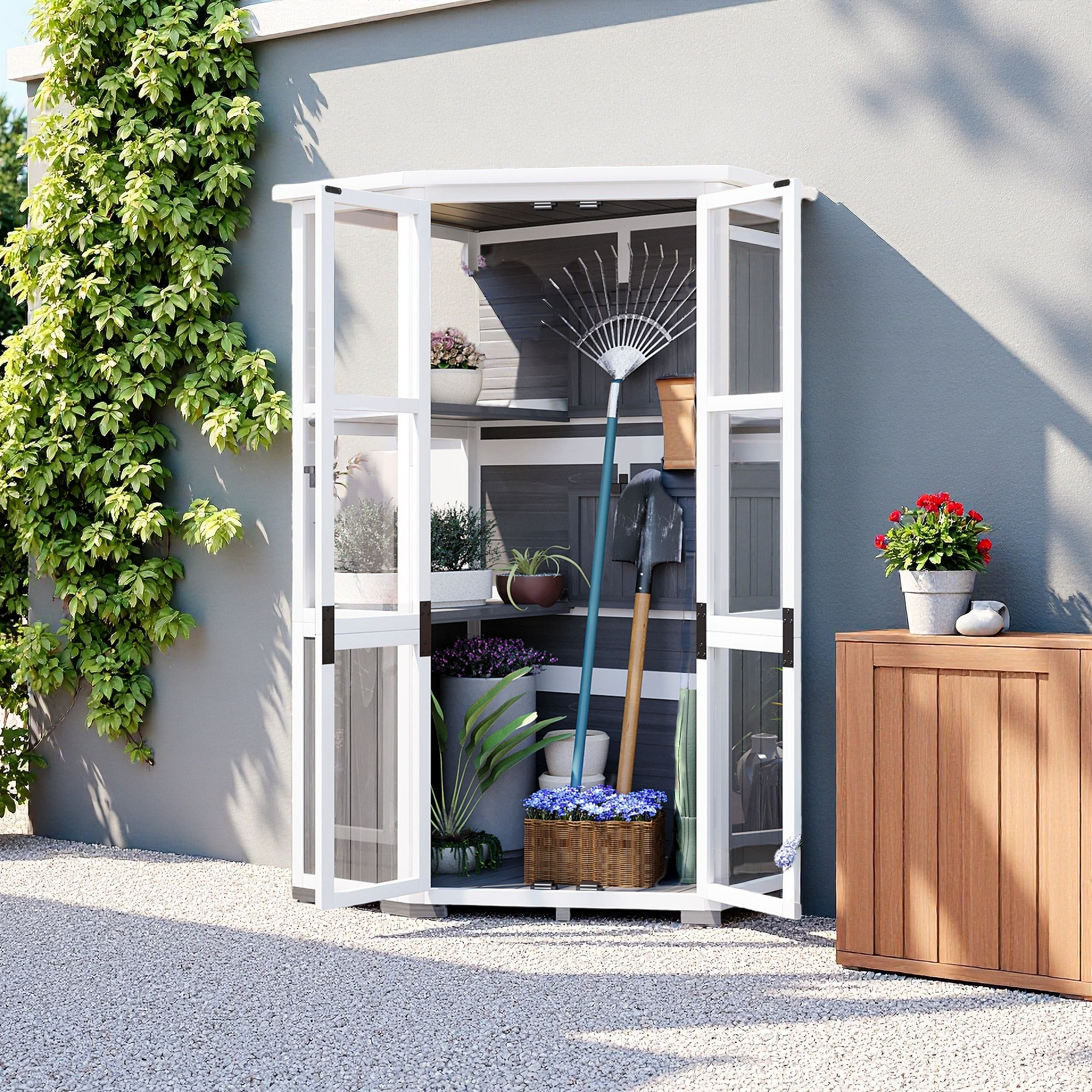 FAR AND NEAR 63'' Height Garden Wood Storage Cabinet Outdoor Tool ...
