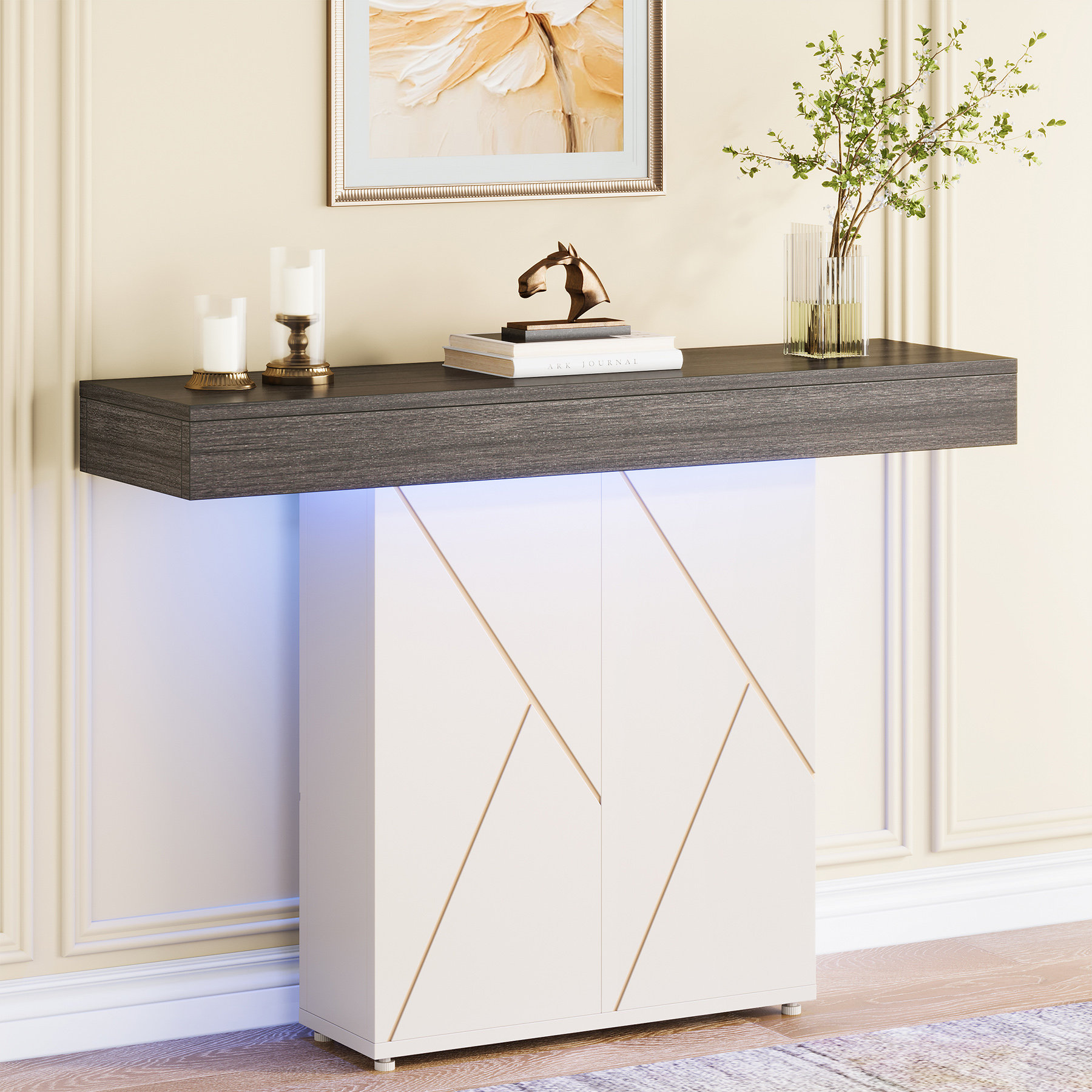 Ebern Designs 43.3In Farmhouse Pedestal Console Table with LED Light ...