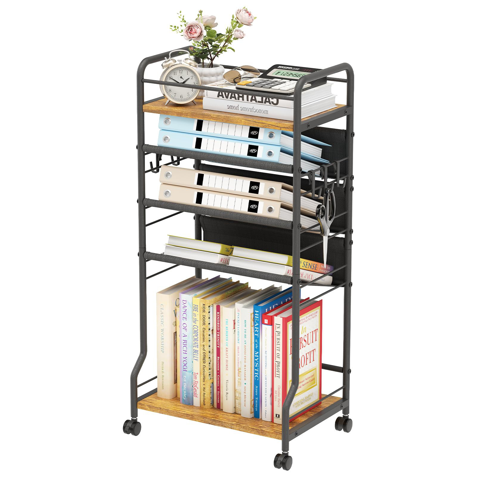 BBCPC 5-Tier Rolling File Cart, Mobile Metal-Wood Bookshelf Organizer ...