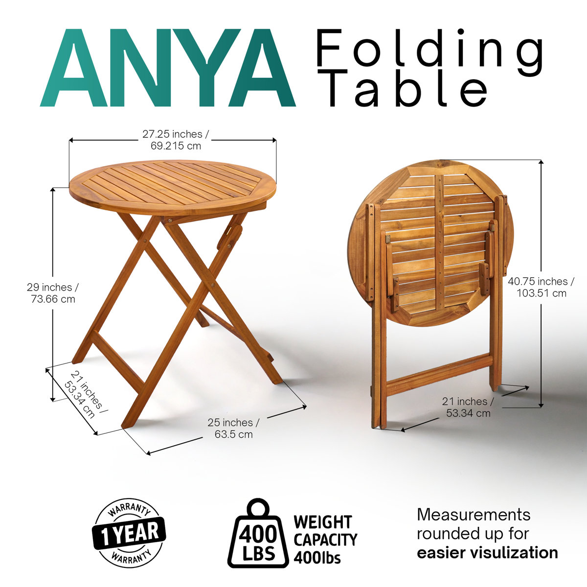 Ebern Designs Anya 27.6'' Round Folding Acacia Wood Outdoor Side Table ...