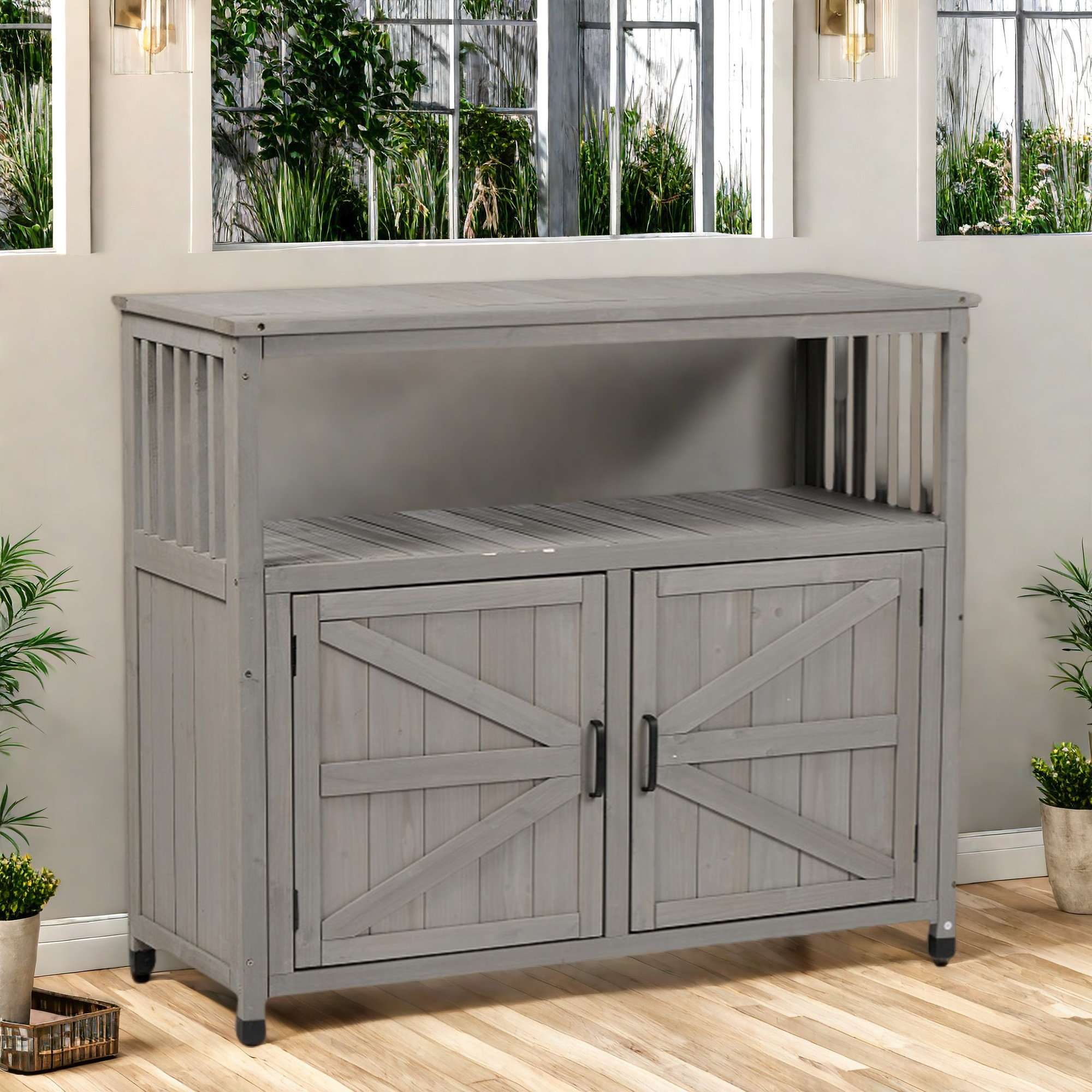 Arlmont & Co. Wooden Patio Bar Table Set With Storage, Buffet Cabinet ...