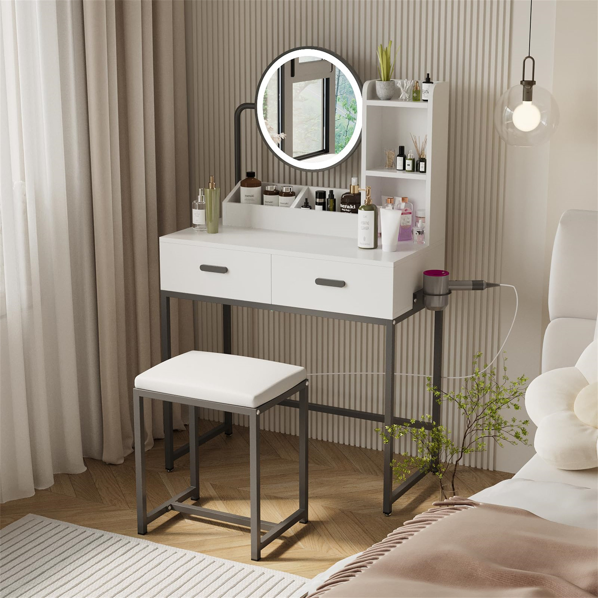 Ivy Bronx Dressing Table With Lighted Mirror And Lamp, Bedroom Compact ...