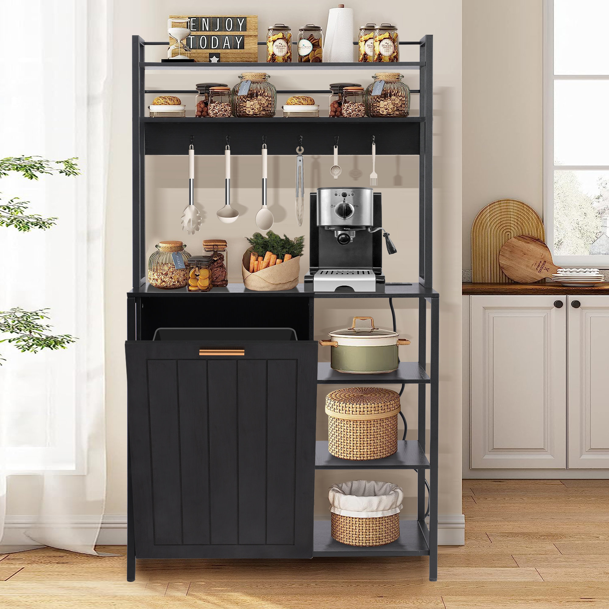 17 Stories Black Bakers Racks Kitchen Microwave Stand Cabinet with 10 ...