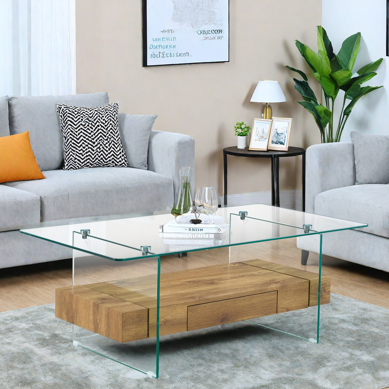 Wrought Studio™ 43.3 Inch Modern Two-Tier Coffee Table - Clear Tempered ...