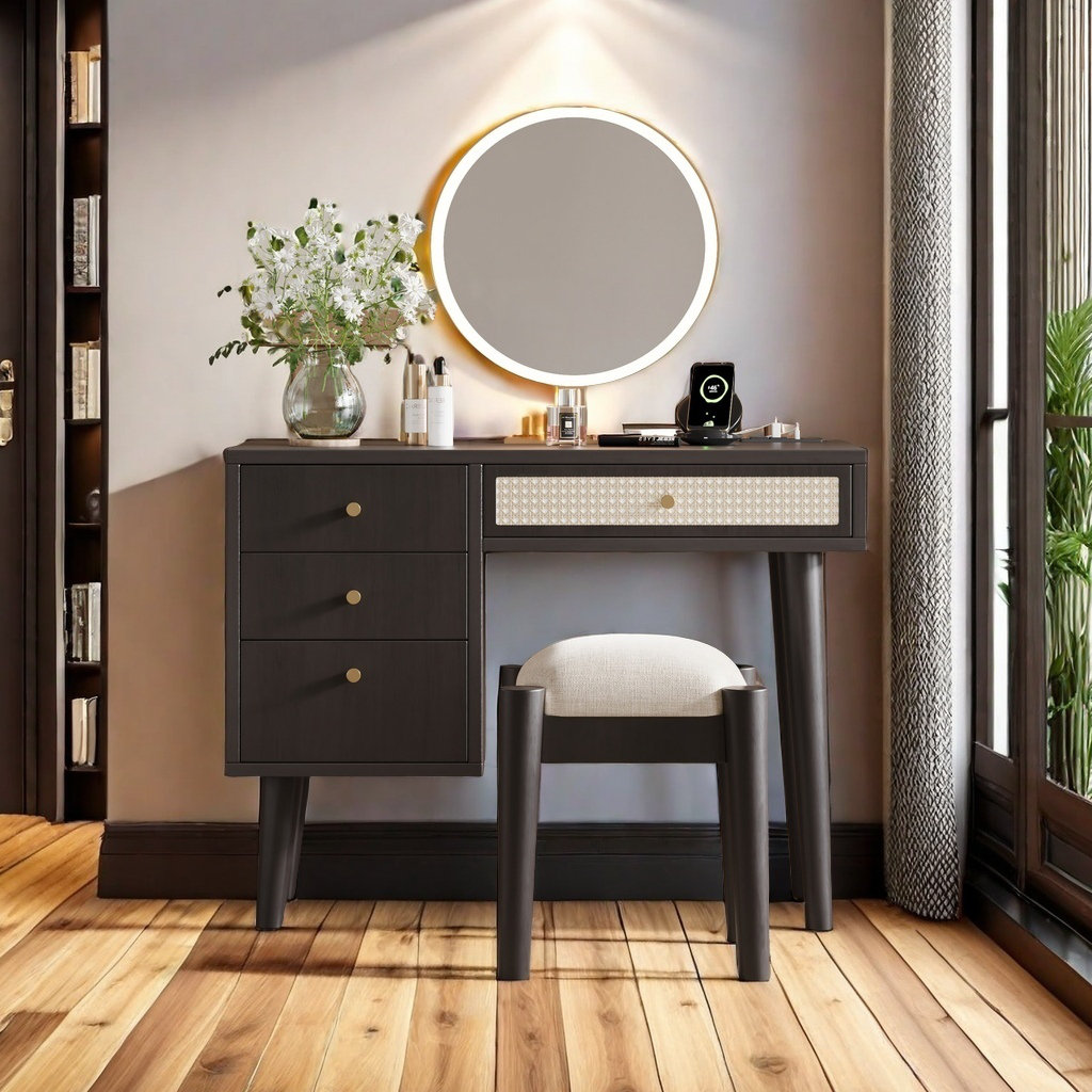 George Oliver 39" Retro Bohemian Style Wooden Makeup Vanity Set With ...