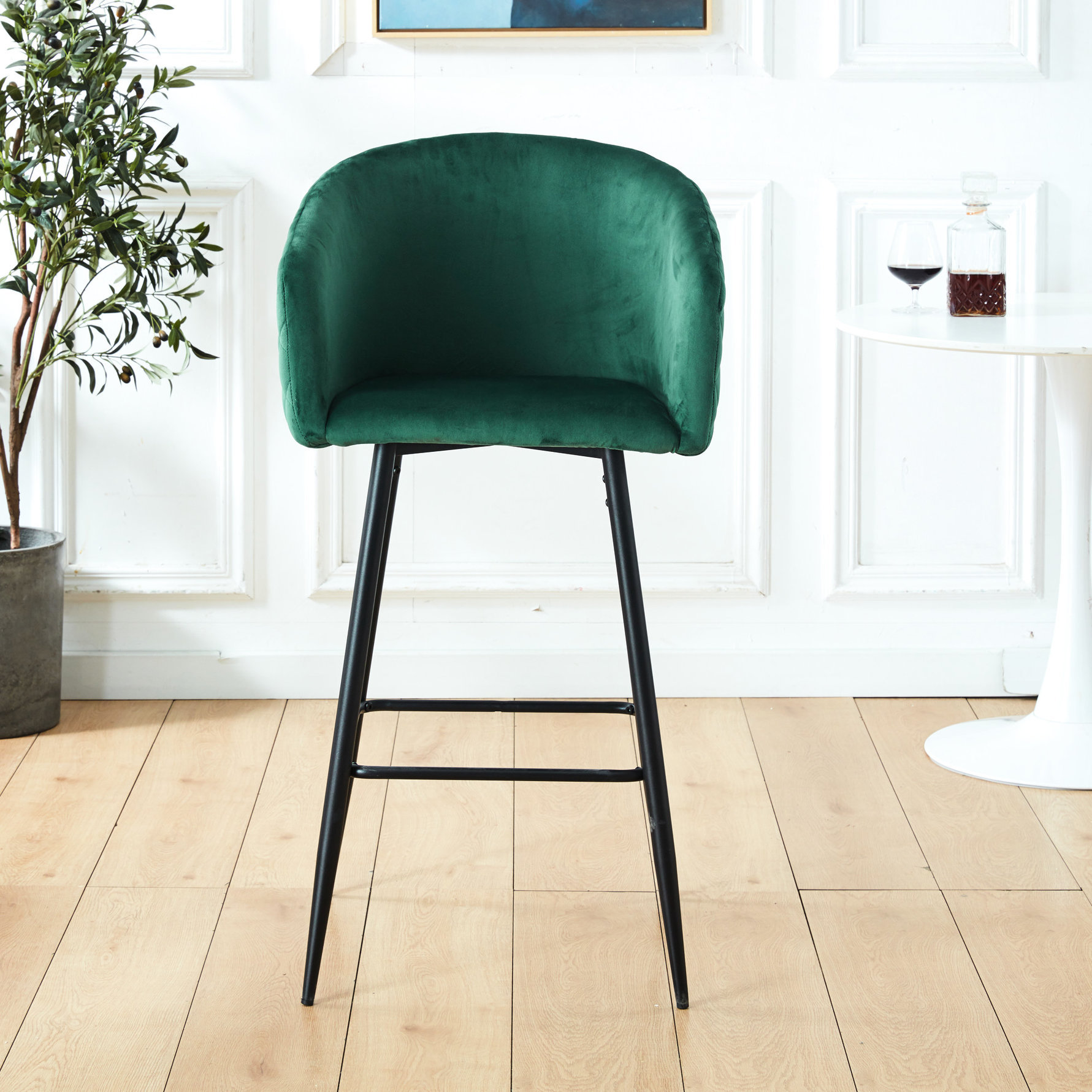 CaneCreations Of 2 Counter Height Stools, Velvet Covered, Black Metal ...