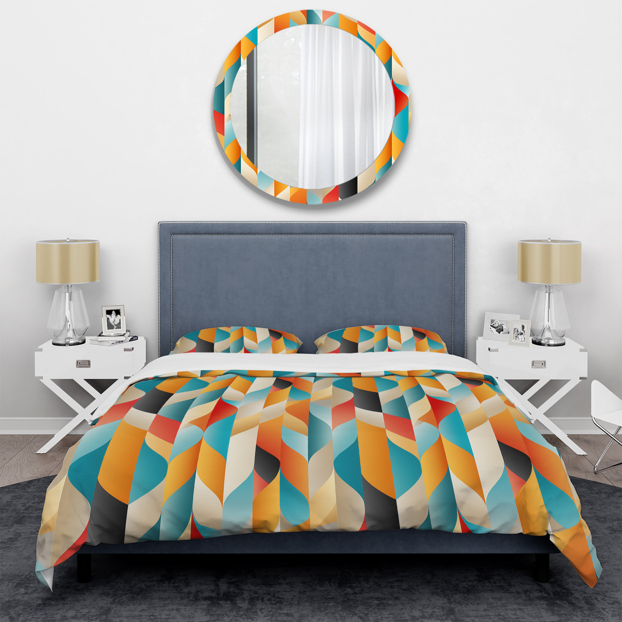 Design Art Orange Turquoise Retro Revival Geometric - Geometric Duvet ...