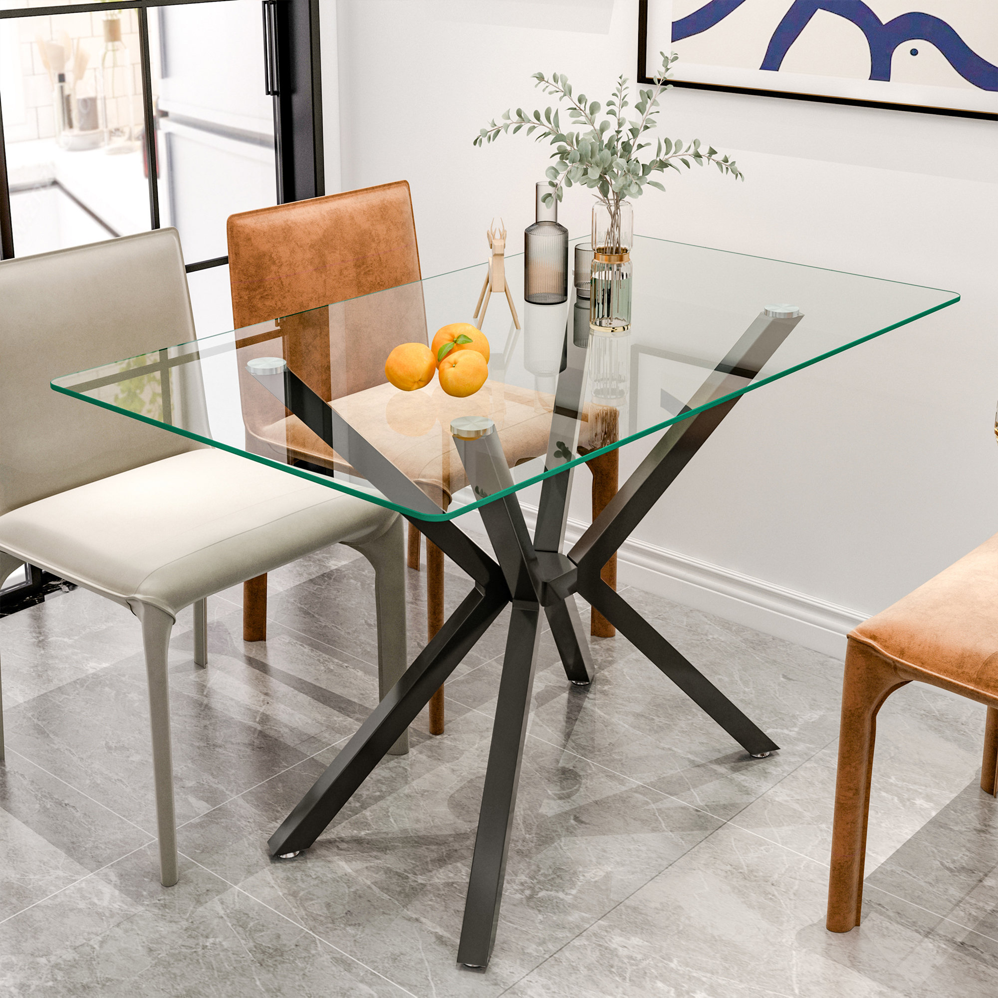 Wrought Studio™ Myamarie 47.24" Tempered Glass Dining Table for 4-6 ...