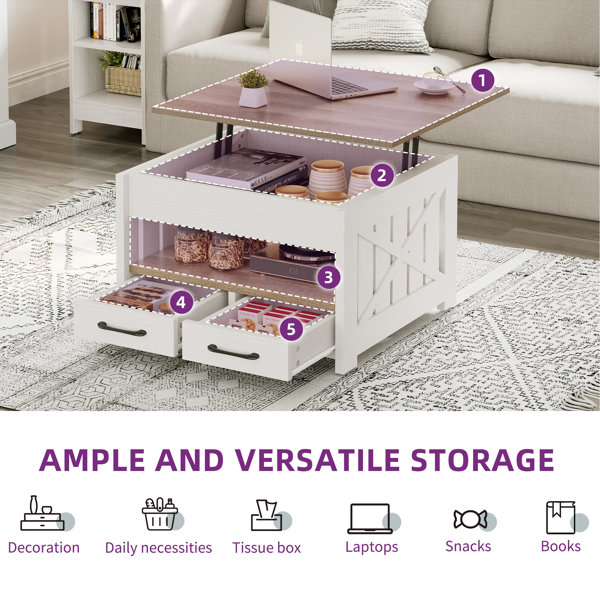 Balconera Farmhouse Lift Top Extendable Frame Square Coffee Table With ...