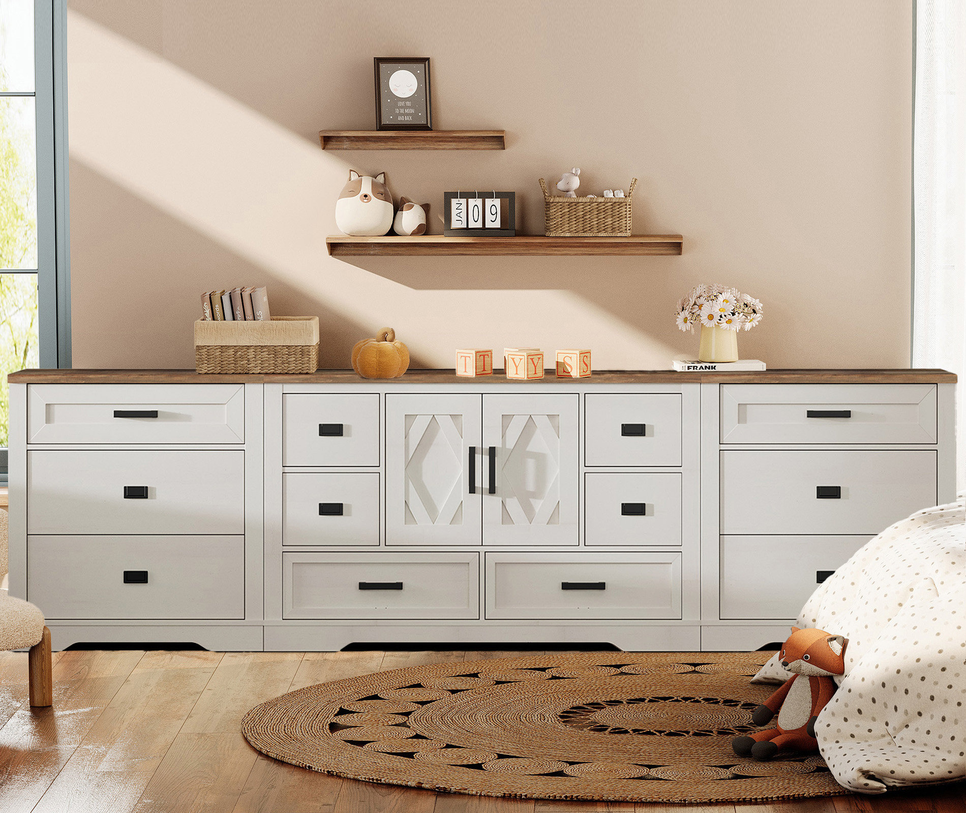 Winston Porter Modern Farmhouse Wooden Dresser Combo With 12 Drawers And Ajustable-Shelf-Cabinet ...