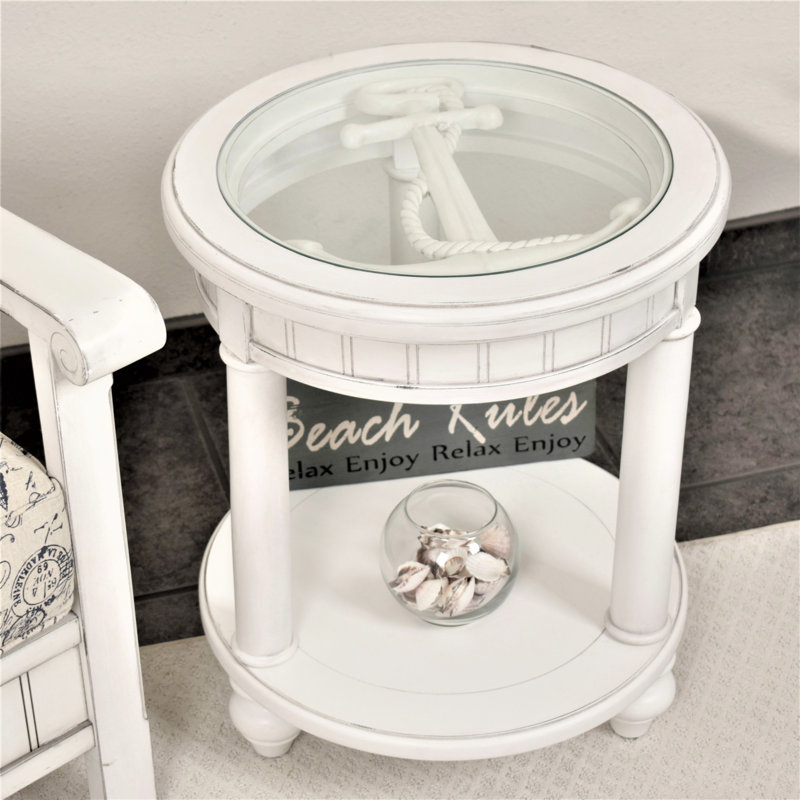 Highland Dunes Kolya White Washed End Table with Anchor Insert - Glass ...