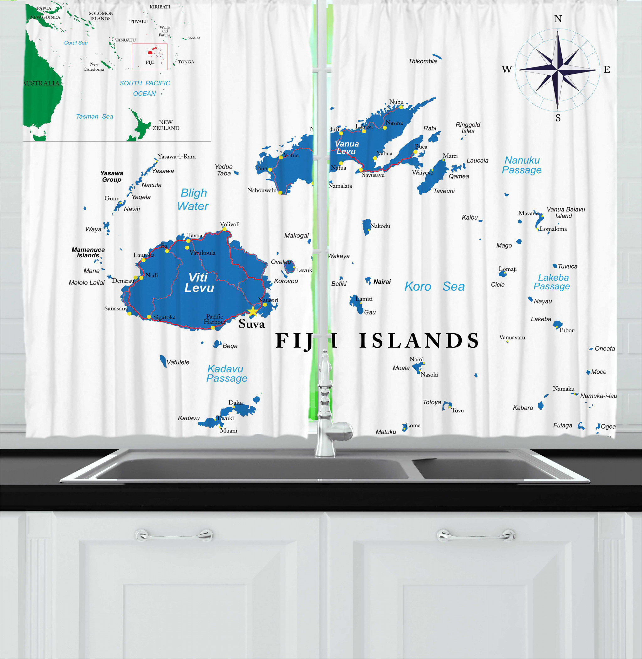 Ambesonne 2 Piece Fiji Mapping with Names Written Geographical Layout ...