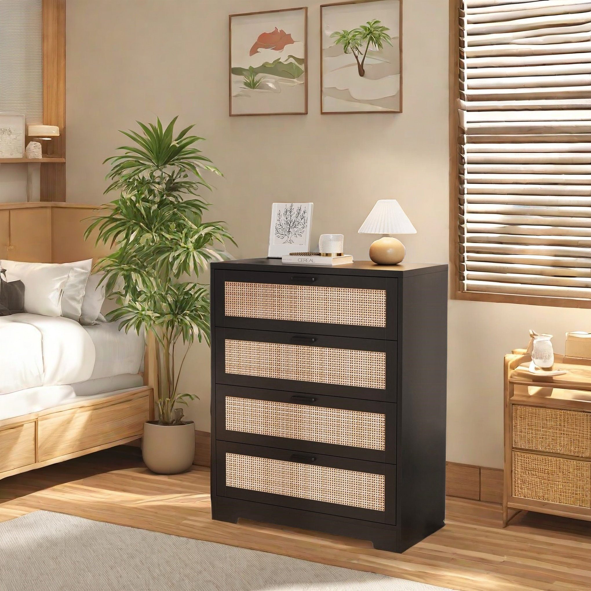Bay Isle Home™ 4 Drawer Dresser, Rattan Dresser With Power Outlets ...