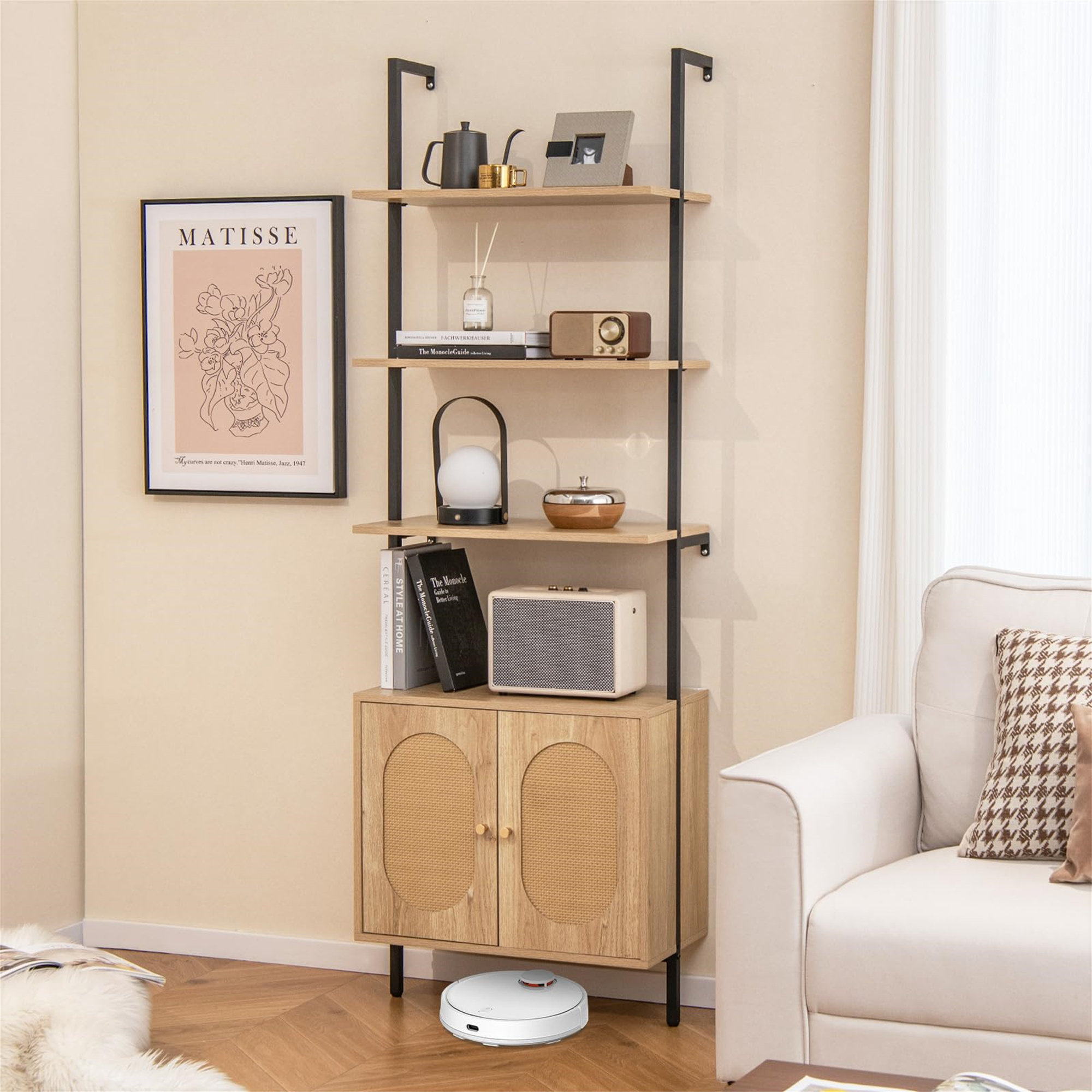 17 Stories Ladder Bookcase With Cabinets, 180 Cm Wall Mounted Bookcase ...