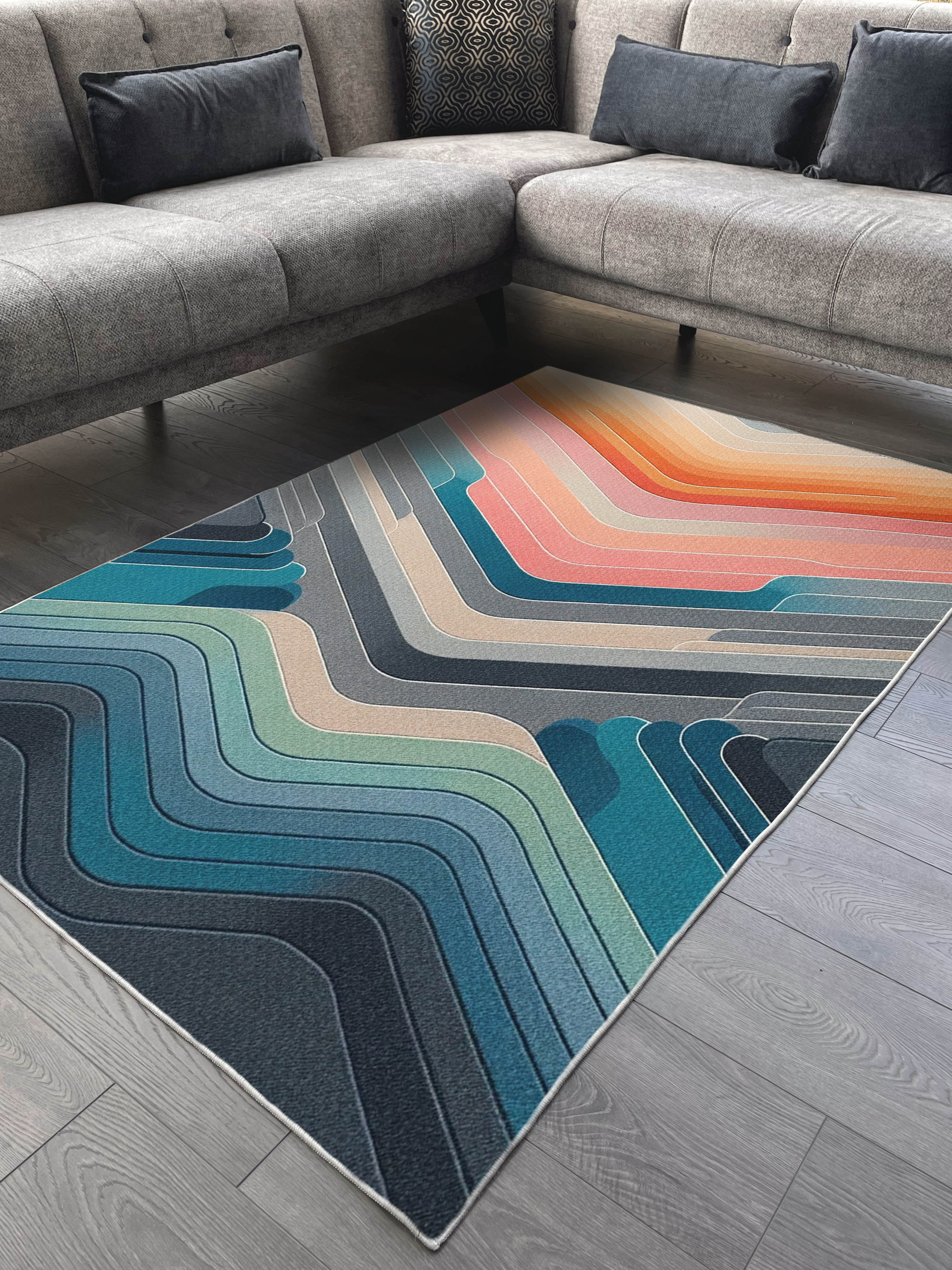 Orren Ellis Matrix Blue Colorful Machine Printed Chenille Striped Area ...