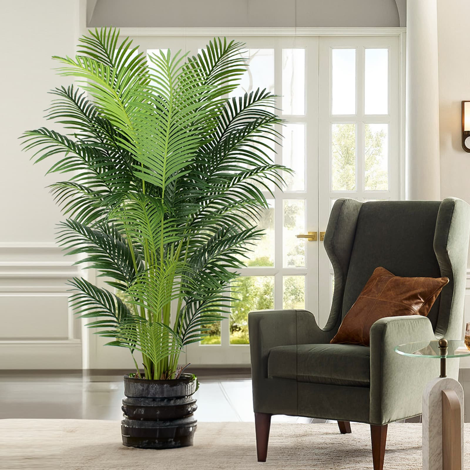 Latitude Run® Faux Palm Tree in Black Plastic Pot Areca Palm Plant Fake ...