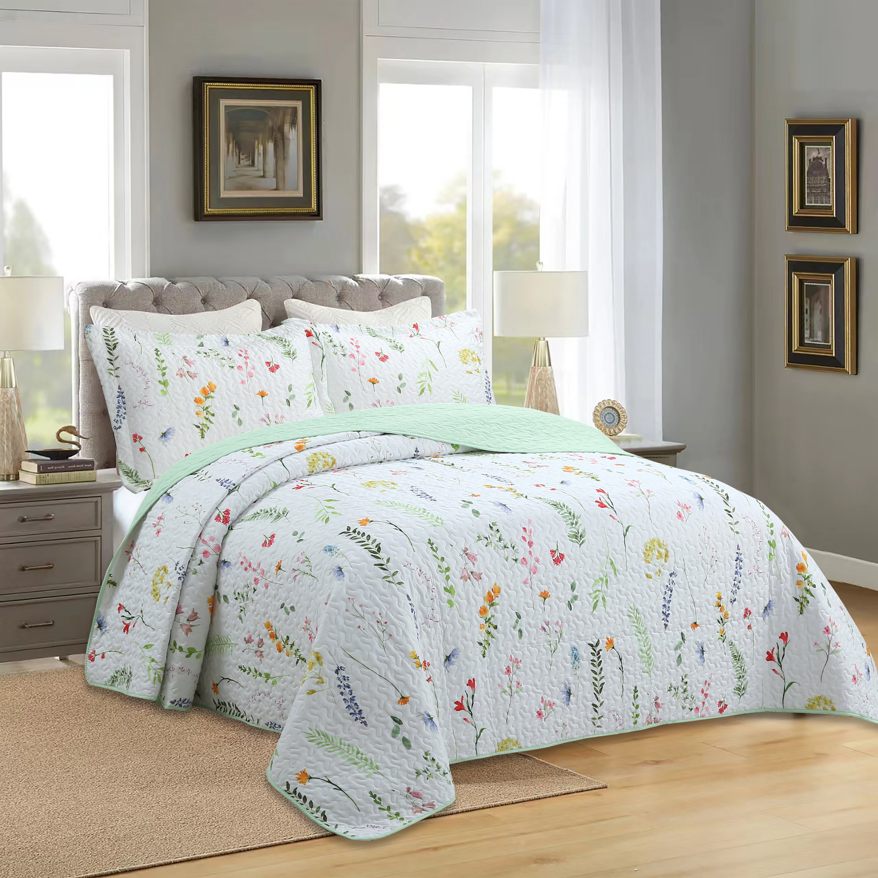 MarCielo 3 Piece Printed Floral Quilt Set Lightweight Bedspread Set ...