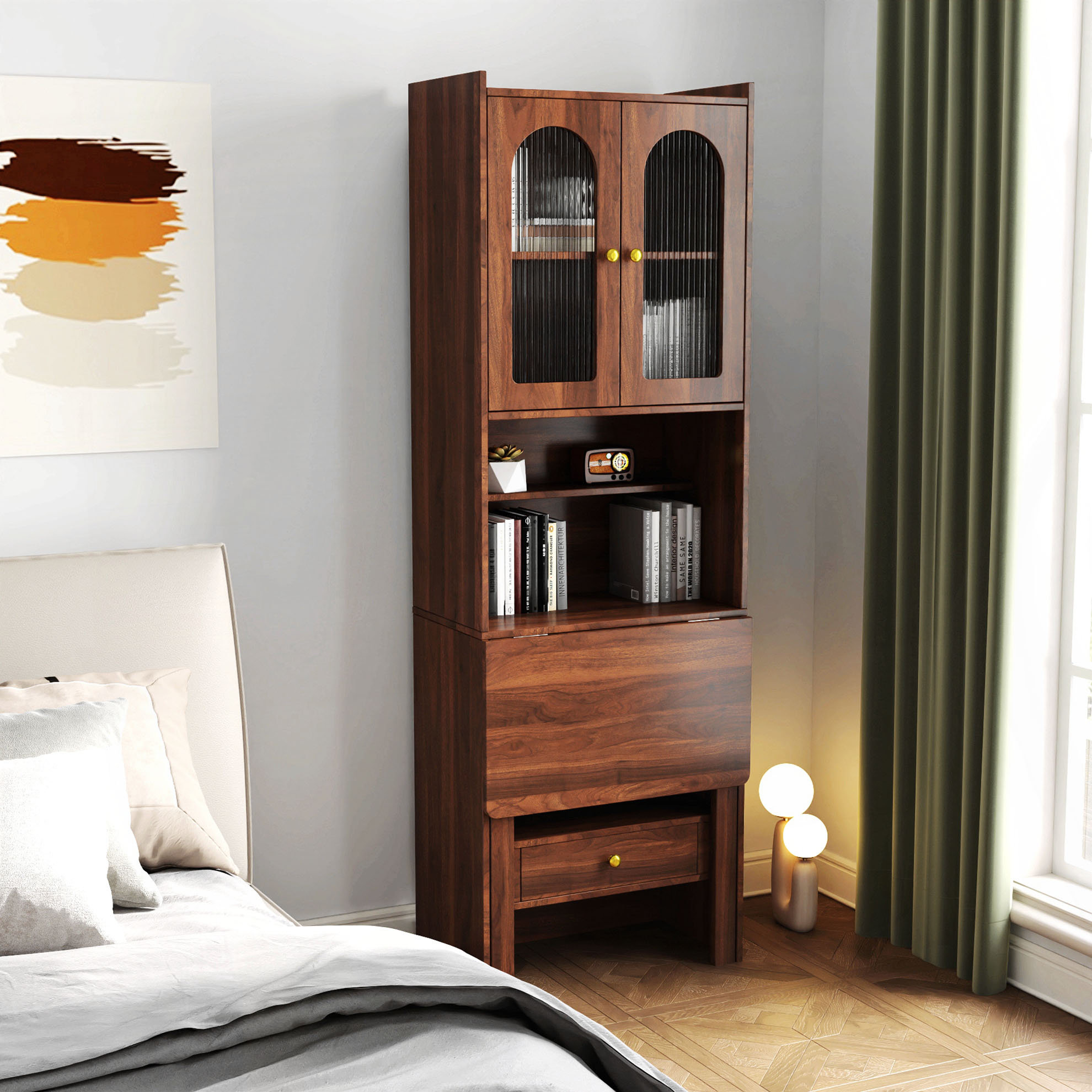 Millwood Pines Fold-Out Convertible Writing Table, Desk Bookcase With ...