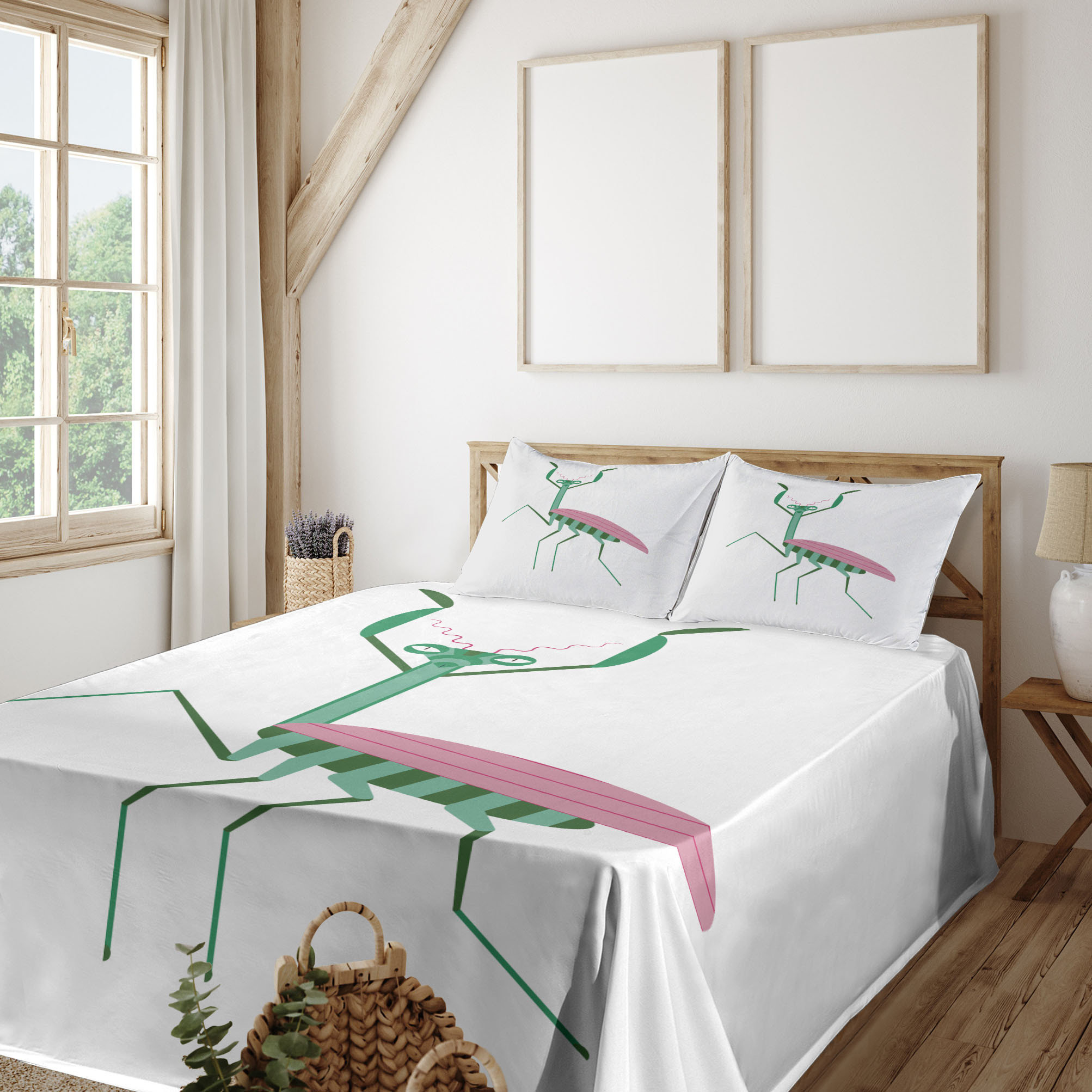 Ambesonne Tropical Sheet Set Cartoon Mantis Minimalist Jade Green and ...