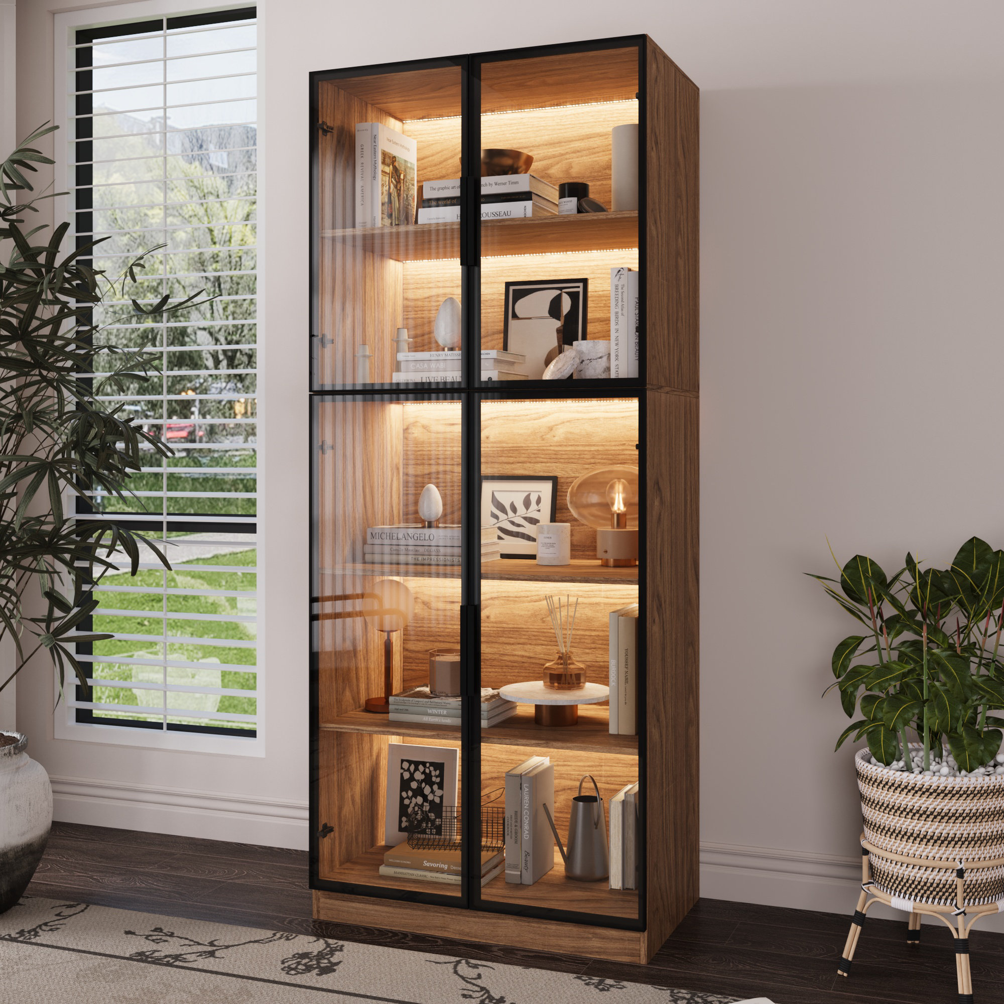 Brayden Studio® Wood Bookcase With Glass Door 3 Lighting Options, 78.7 ...