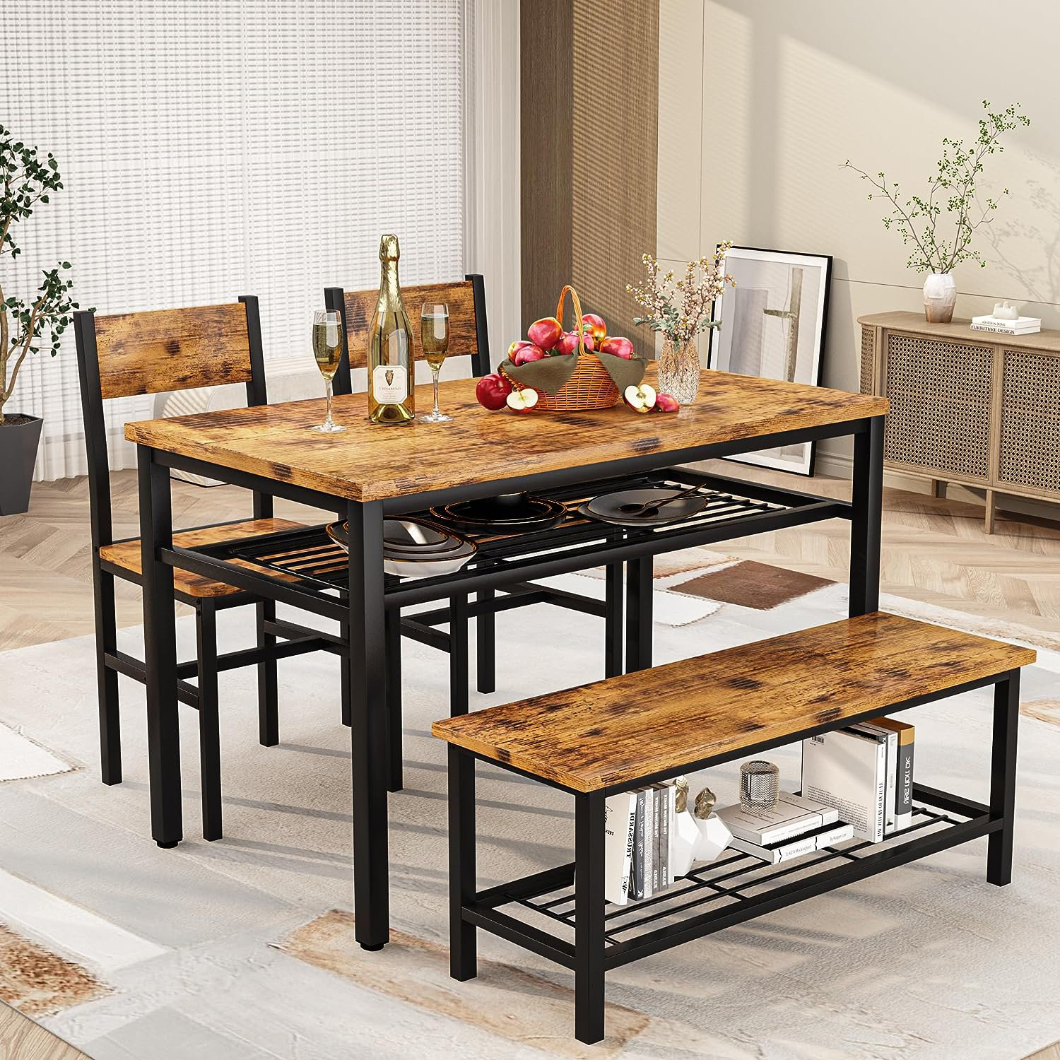 17 Stories Industrial Dining Table Set For 4, 4 Piece Kitchen Table ...