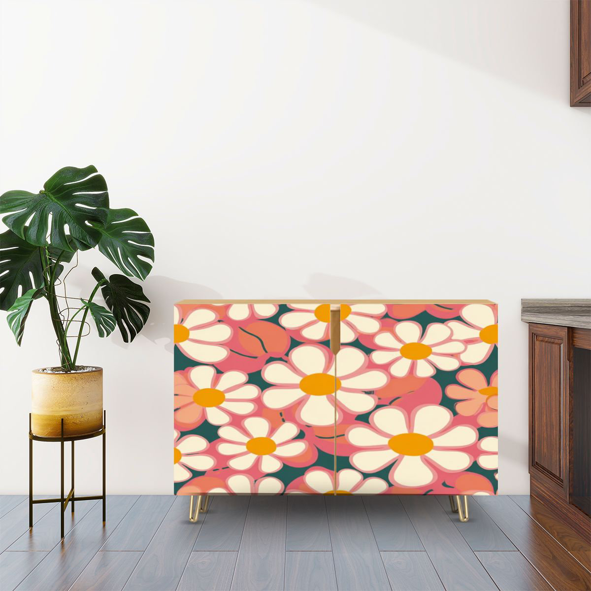 Dakota Fields Sideboard Buffet Cabinet with Storage Retro groovy flower ...