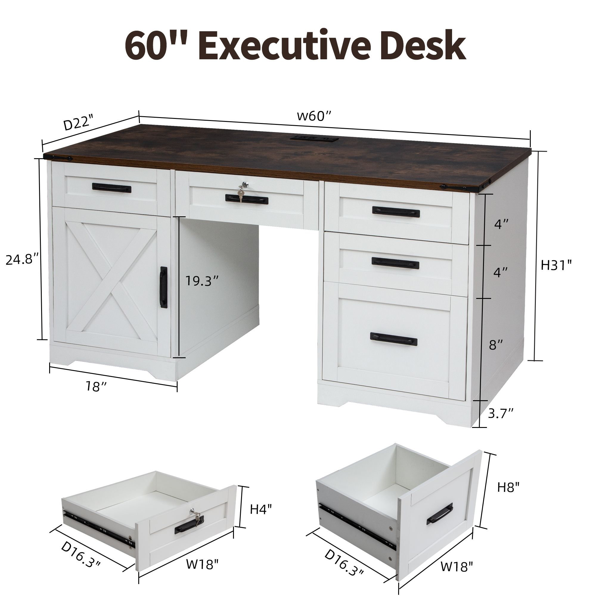 Gracie Oaks 60" Farmhouse Executive Desk with 5 Drawers, Home Office ...