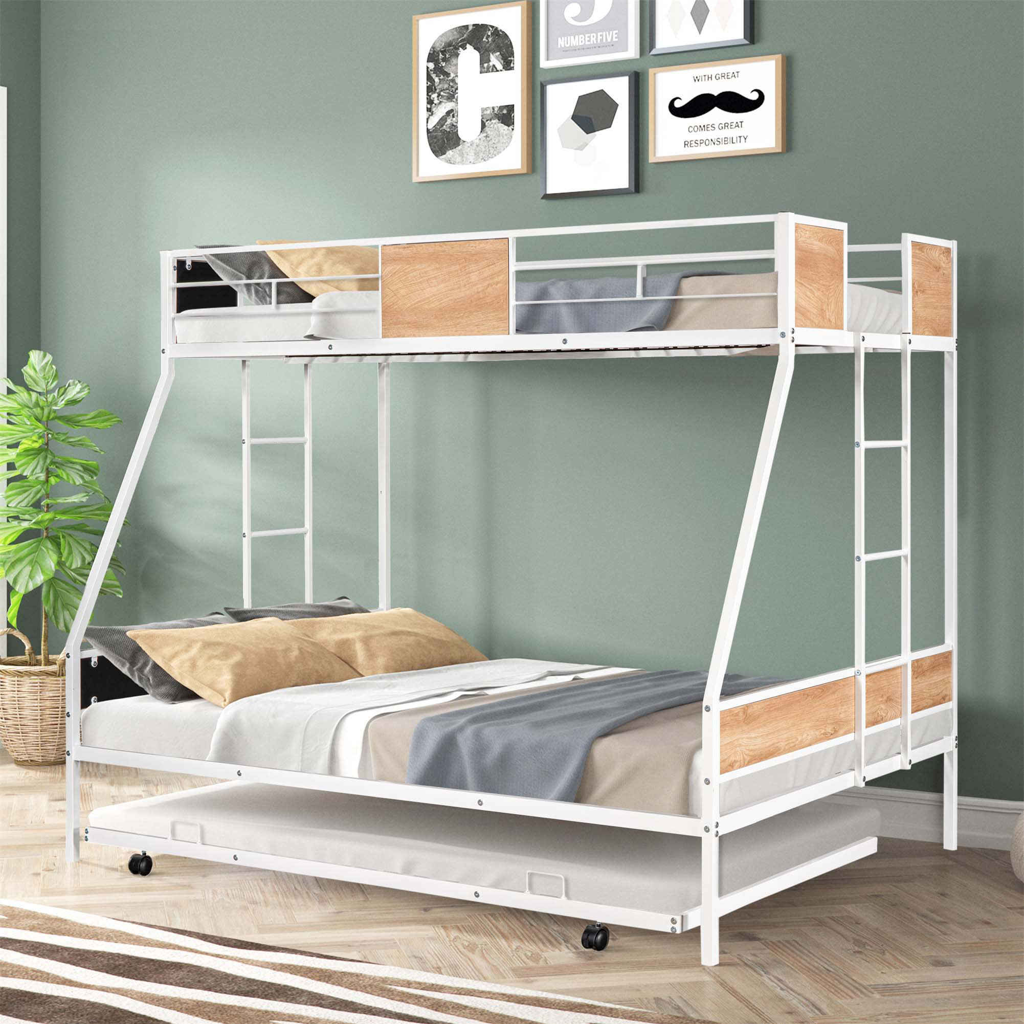 Latitude Run® Metal Bunk Bed With Trundle 2 - Side Ladder And Full ...