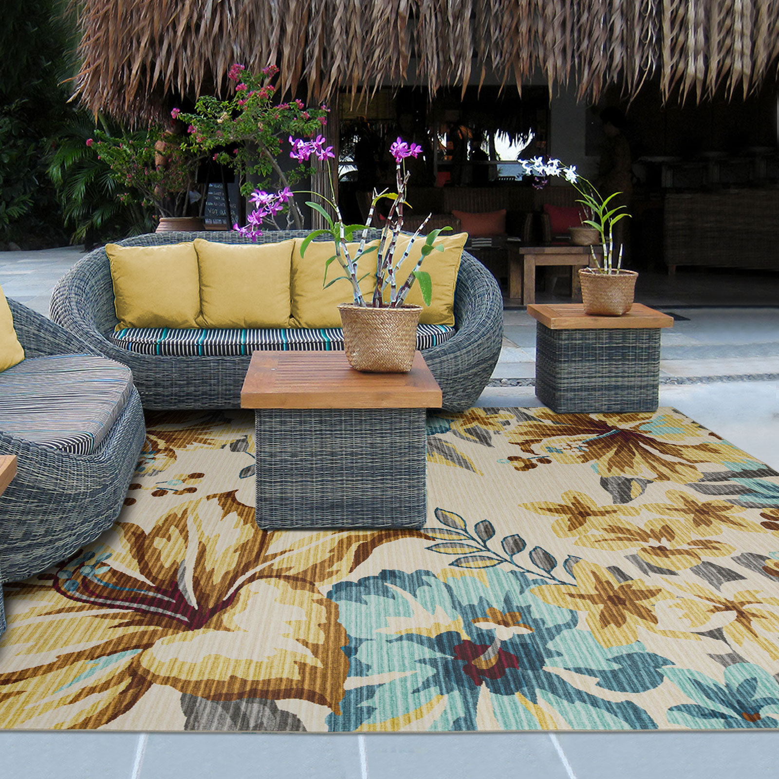 DECOMALL Blodewn Outdoor Rug Floral Design Large Area Rug Yellow Blue ...