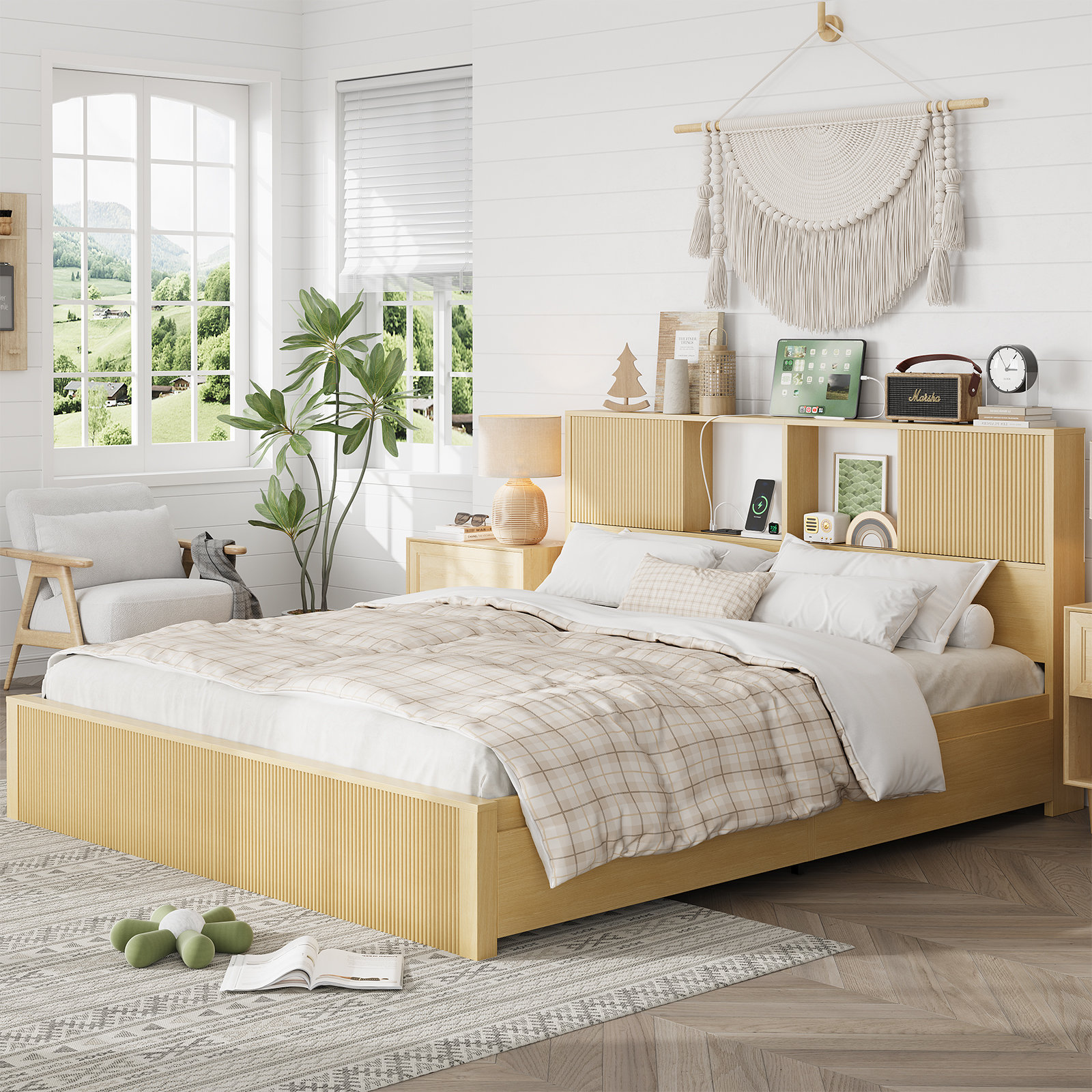 Latitude Run® Bed Frame With Bookcase Headboard & 4 Removeable Drawers ...