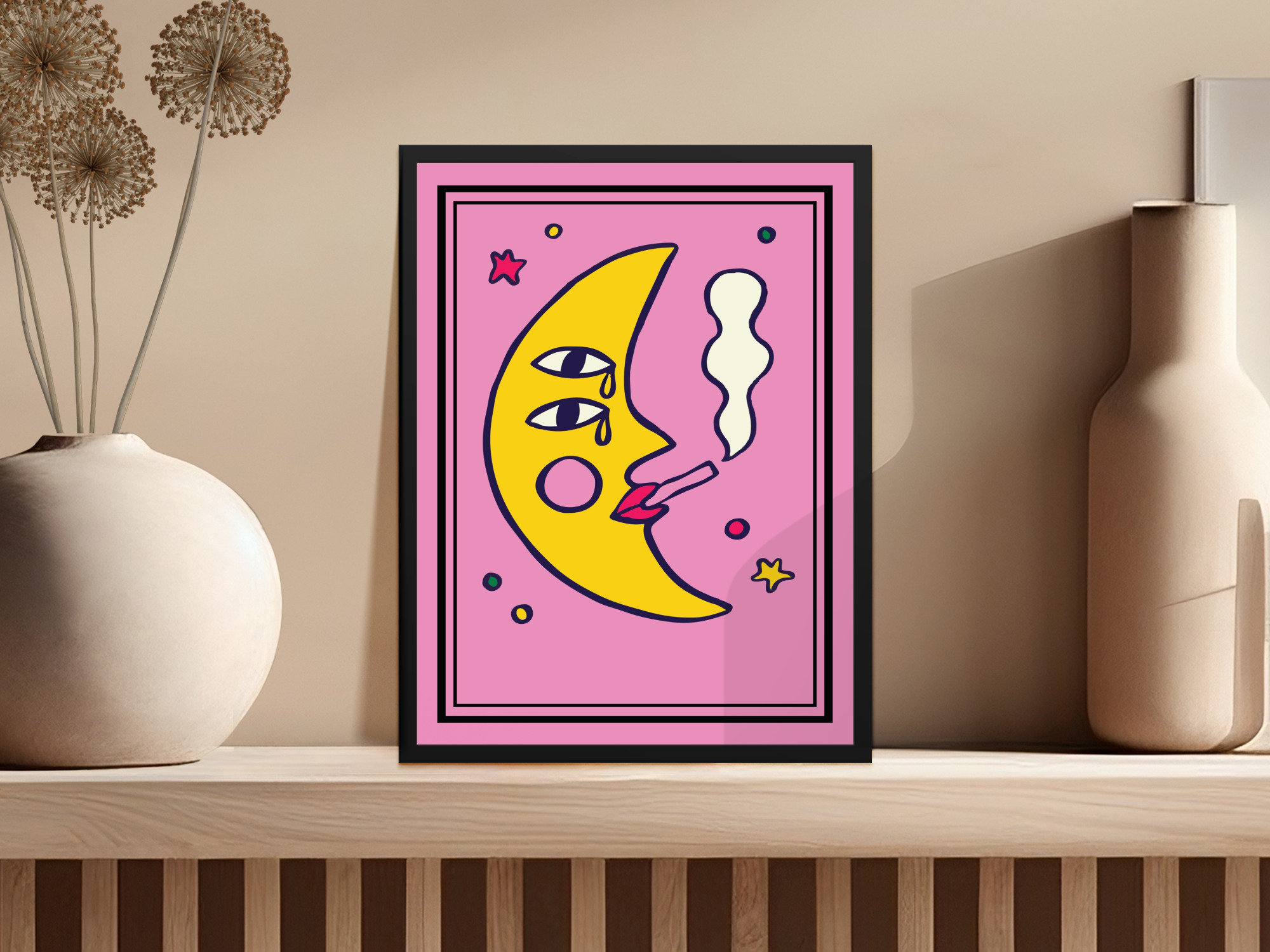 Brayden Studio Crying Crescent Moon Smoking Cigarette Art Framed Poster ...