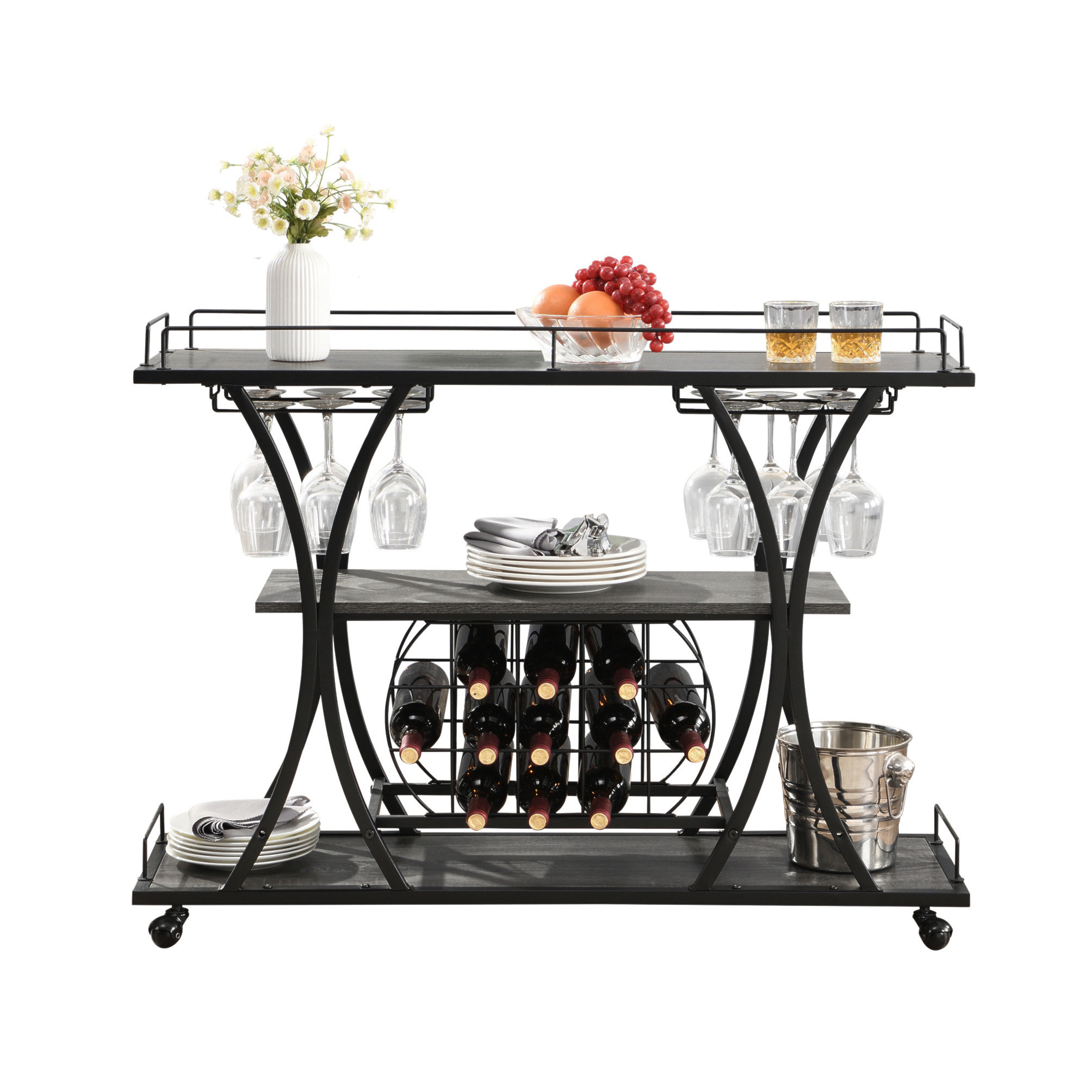 Ophelia & Co. Industrial Bar Cart With 3-Tier Storage And Smooth ...