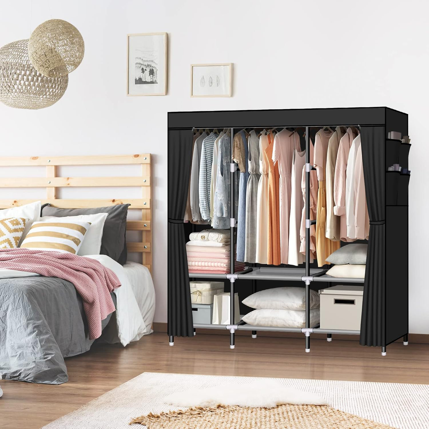 Ebern Designs Portable Wardrobe, 61-Inch With 3 Hanging Rods And 6 ...