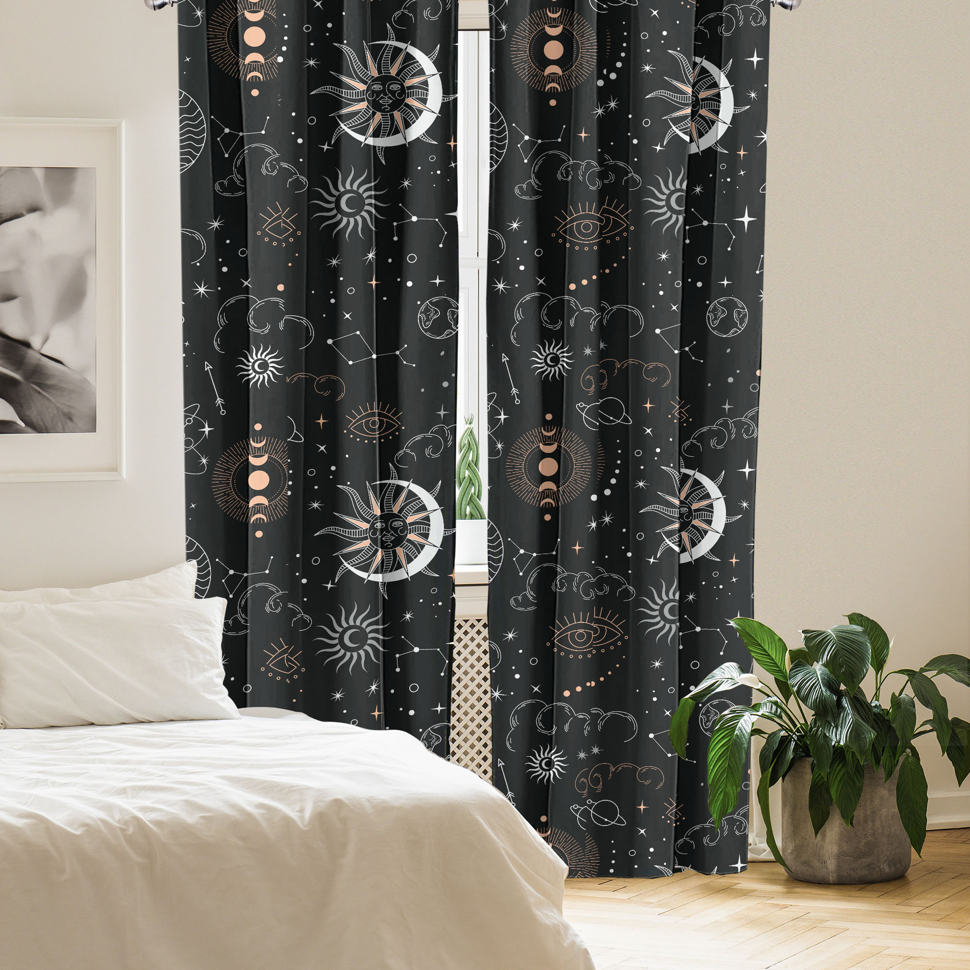 East Urban Home Bohemian Curtains Celestial Motifs Eyes Moon Pair ...