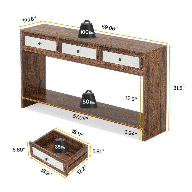 Millwood Pines 59-Inch Console Table With 3 Drawers | Wayfair
