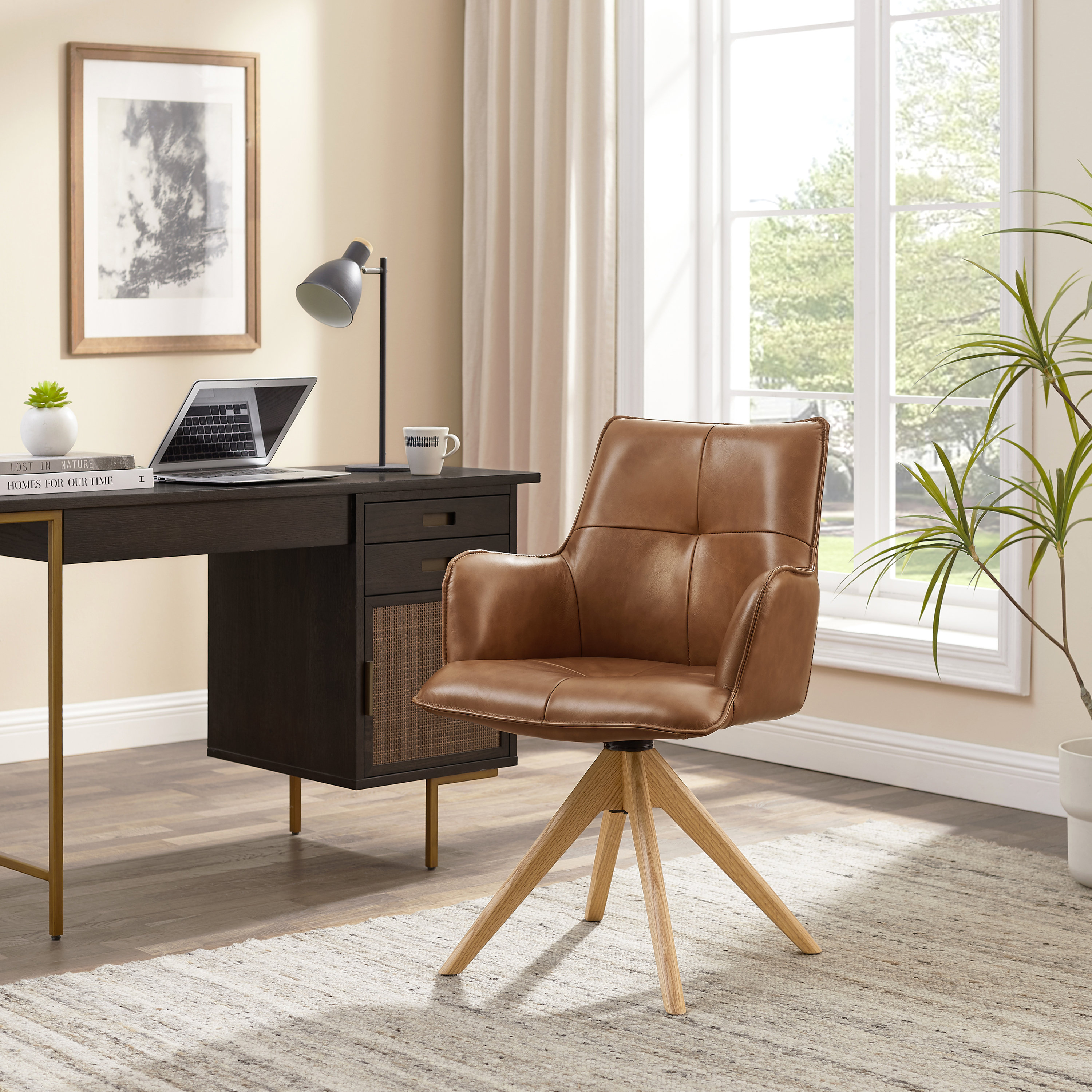 Corrigan Studio® Genuine Leather Swivel Home Office Desk Chair ...
